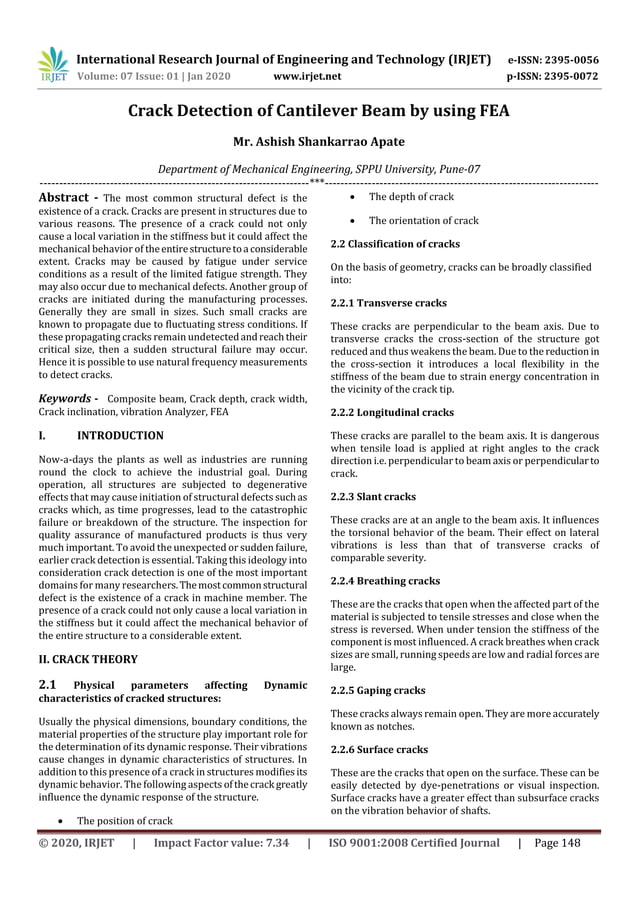 IRJET- Crack Detection of Cantilever Beam by using FEA | PDF