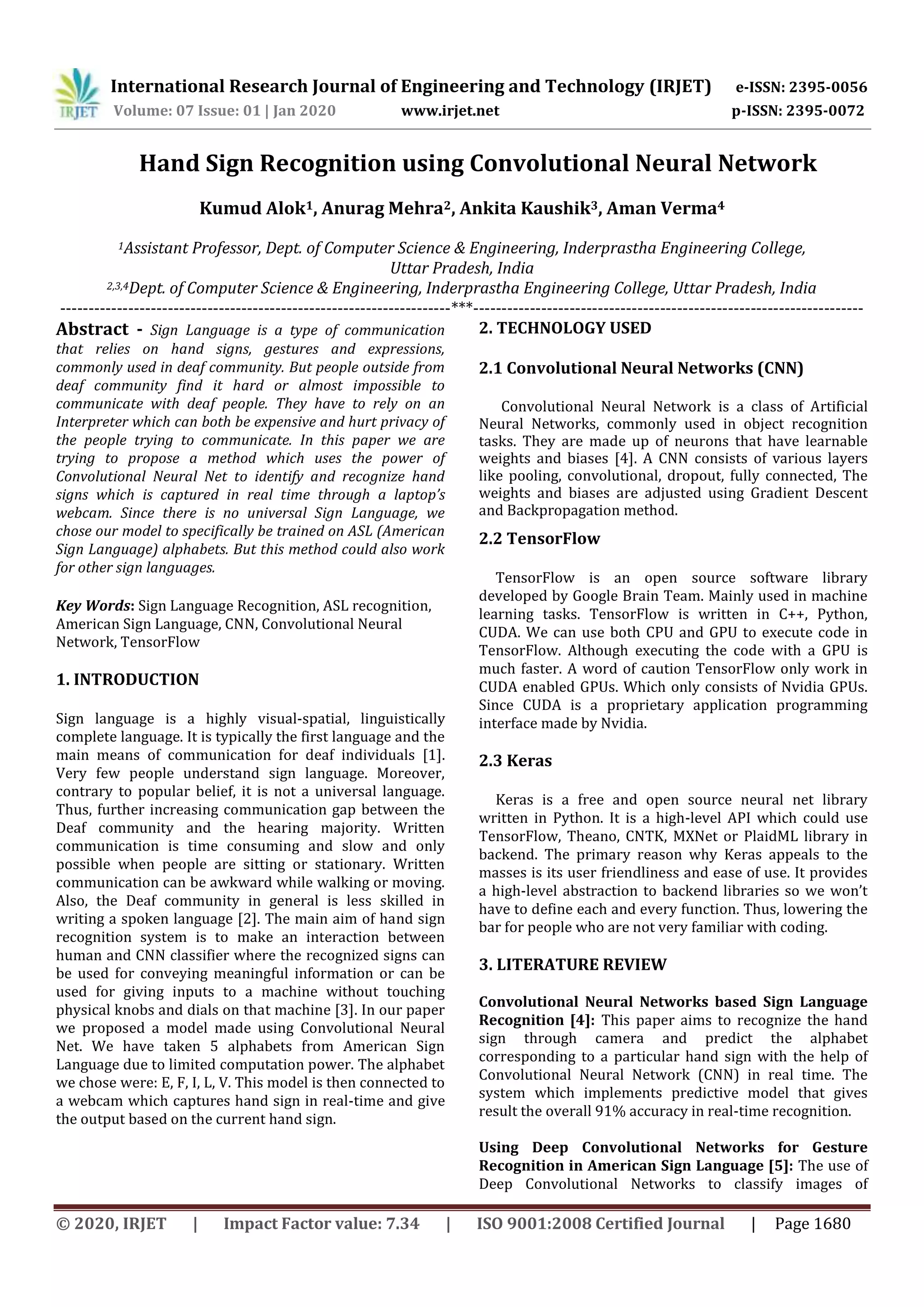 Irjet Hand Sign Recognition Using Convolutional Neural Network Pdf