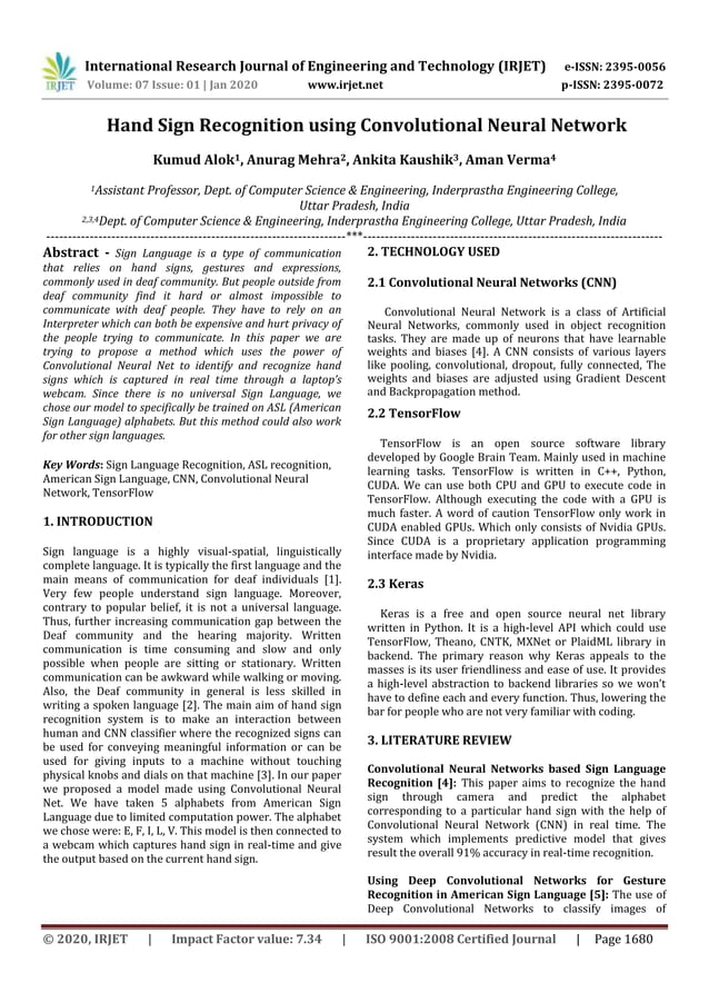 Irjet Hand Sign Recognition Using Convolutional Neural Network Pdf