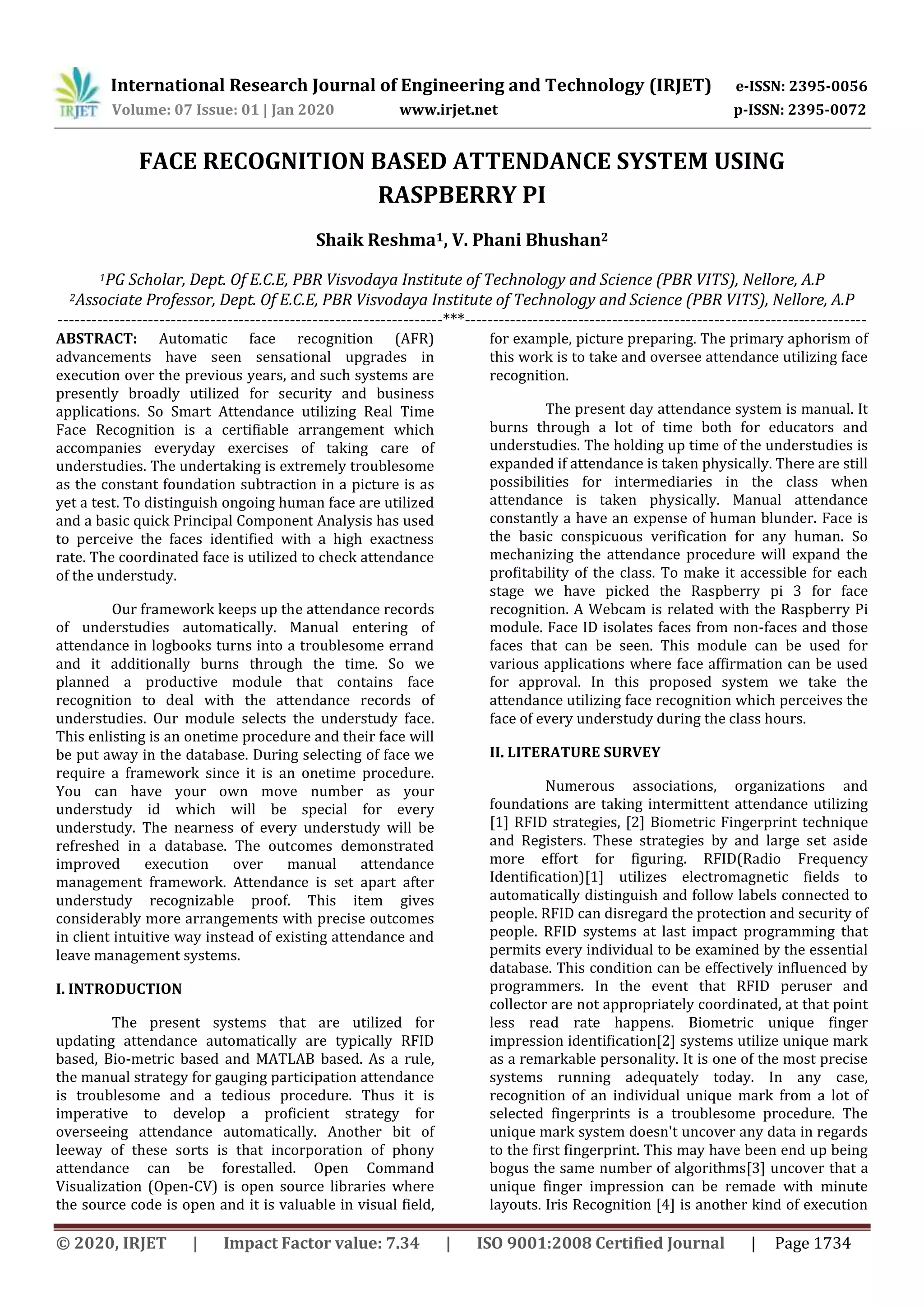 Irjet Face Recognition Based Attendance System Using Raspberry Pi Pdf Computing