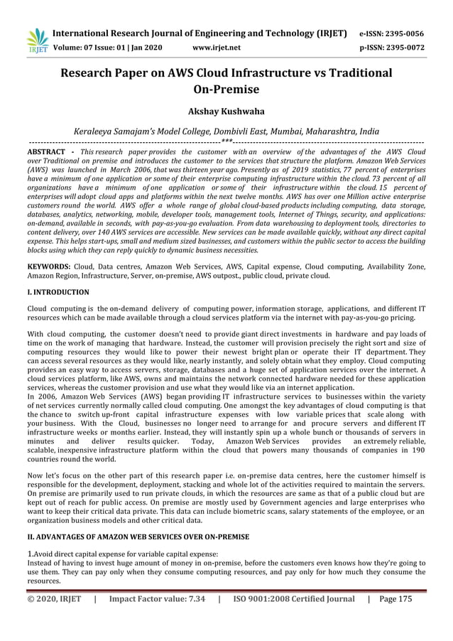 IRJET- Research Paper on AWS Cloud Infrastructure vs Traditional On-Premise | PDF