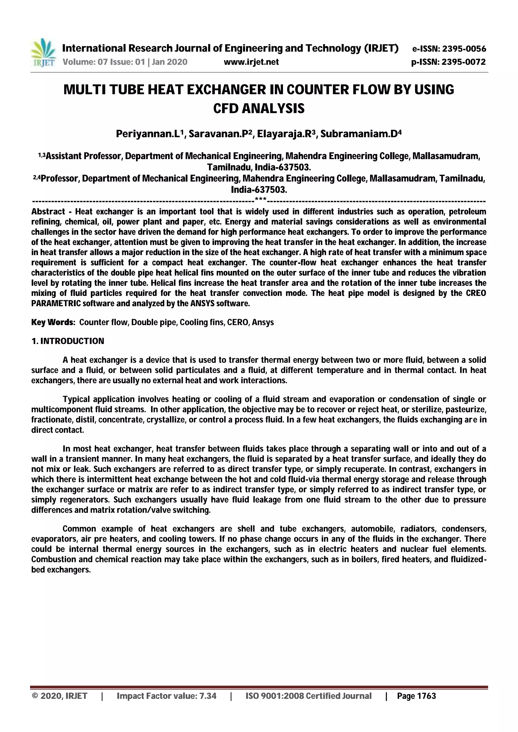 IRJET- Multi Tube Heat Exchanger in Counter Flow by using CFD Analysis | PDF