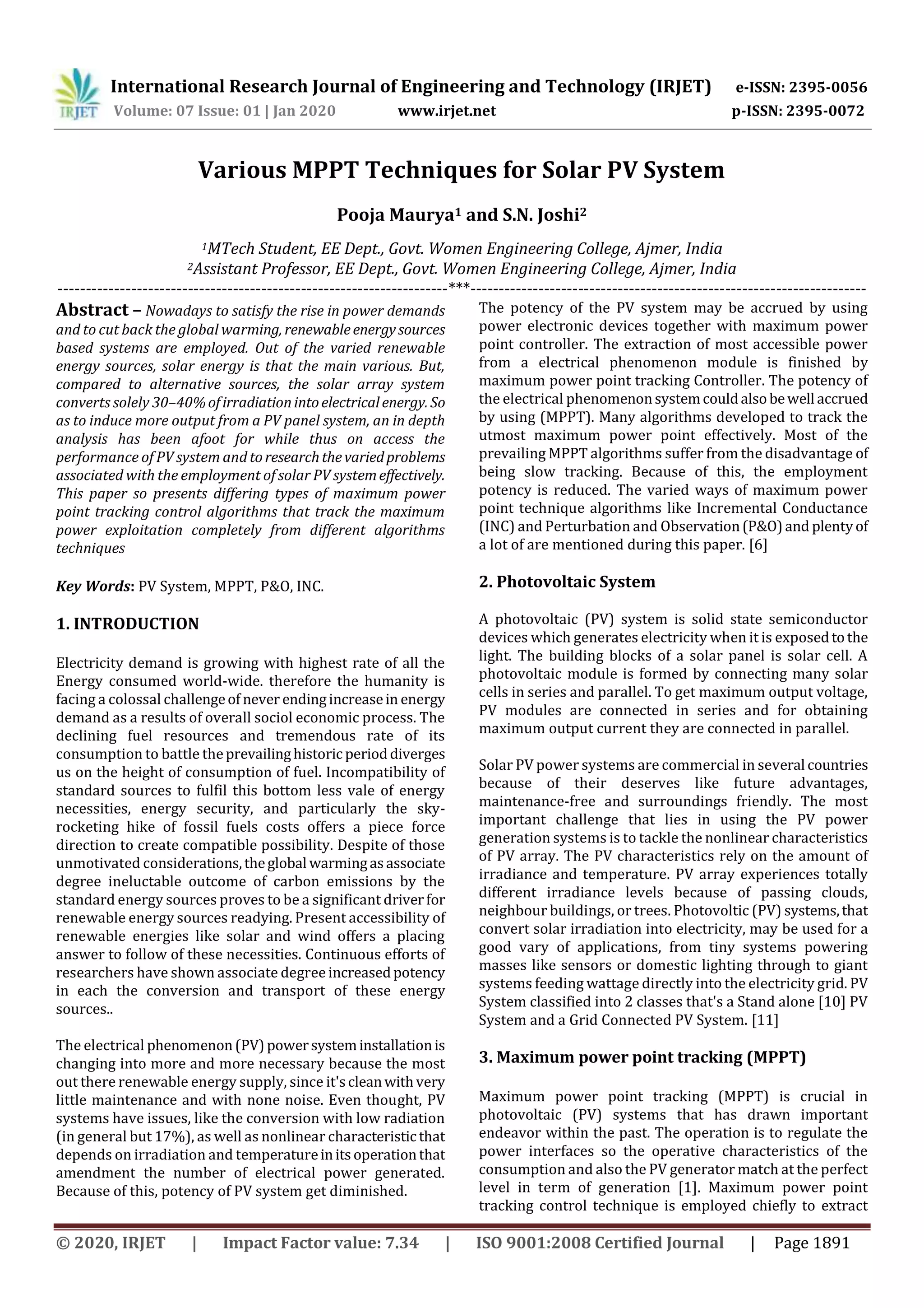 IRJET- Various MPPT Techniques for Solar PV System | PDF