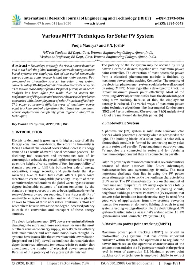 IRJET- Various MPPT Techniques for Solar PV System | PDF