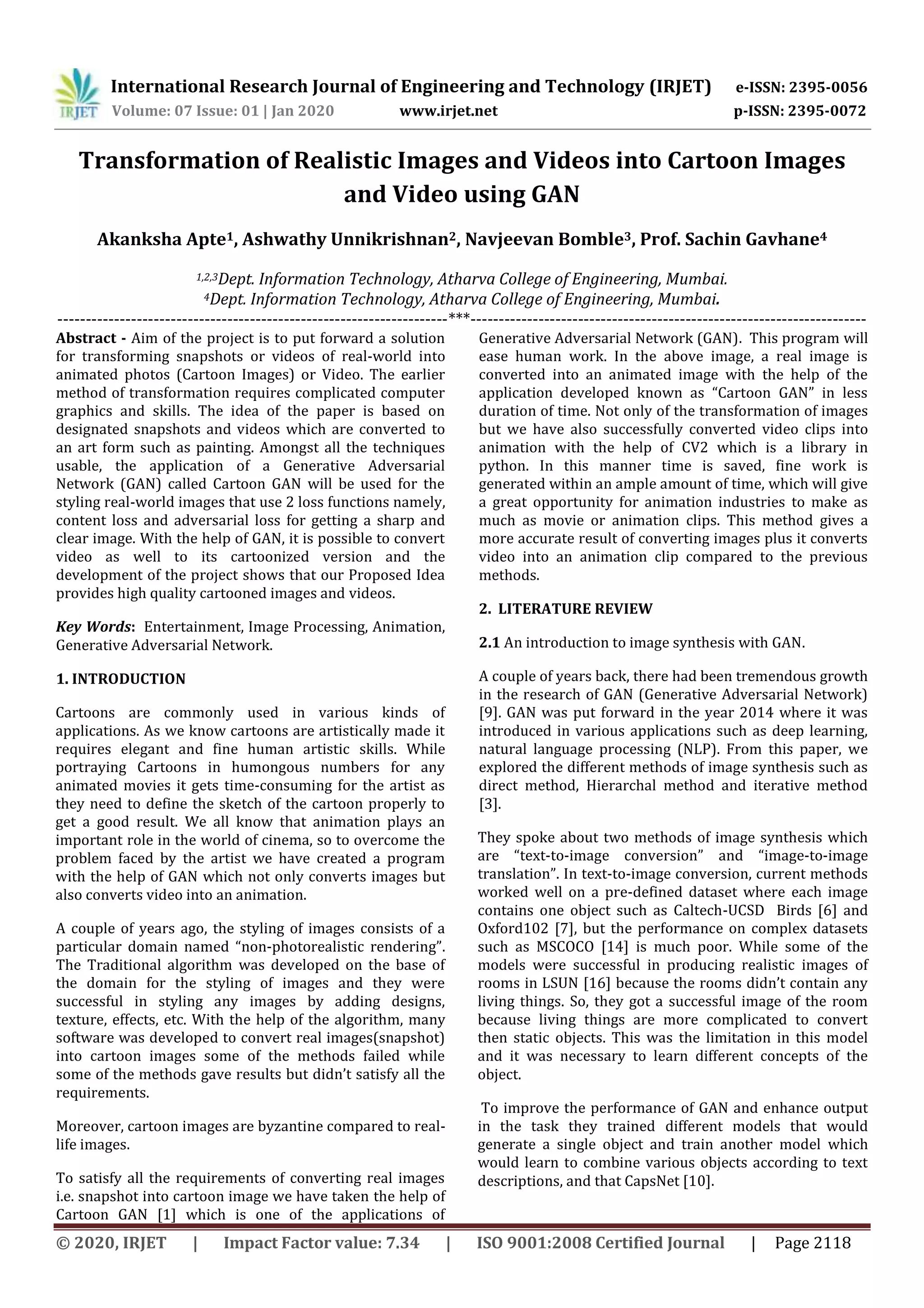 IRJET- Transformation of Realistic Images and Videos into Cartoon ...