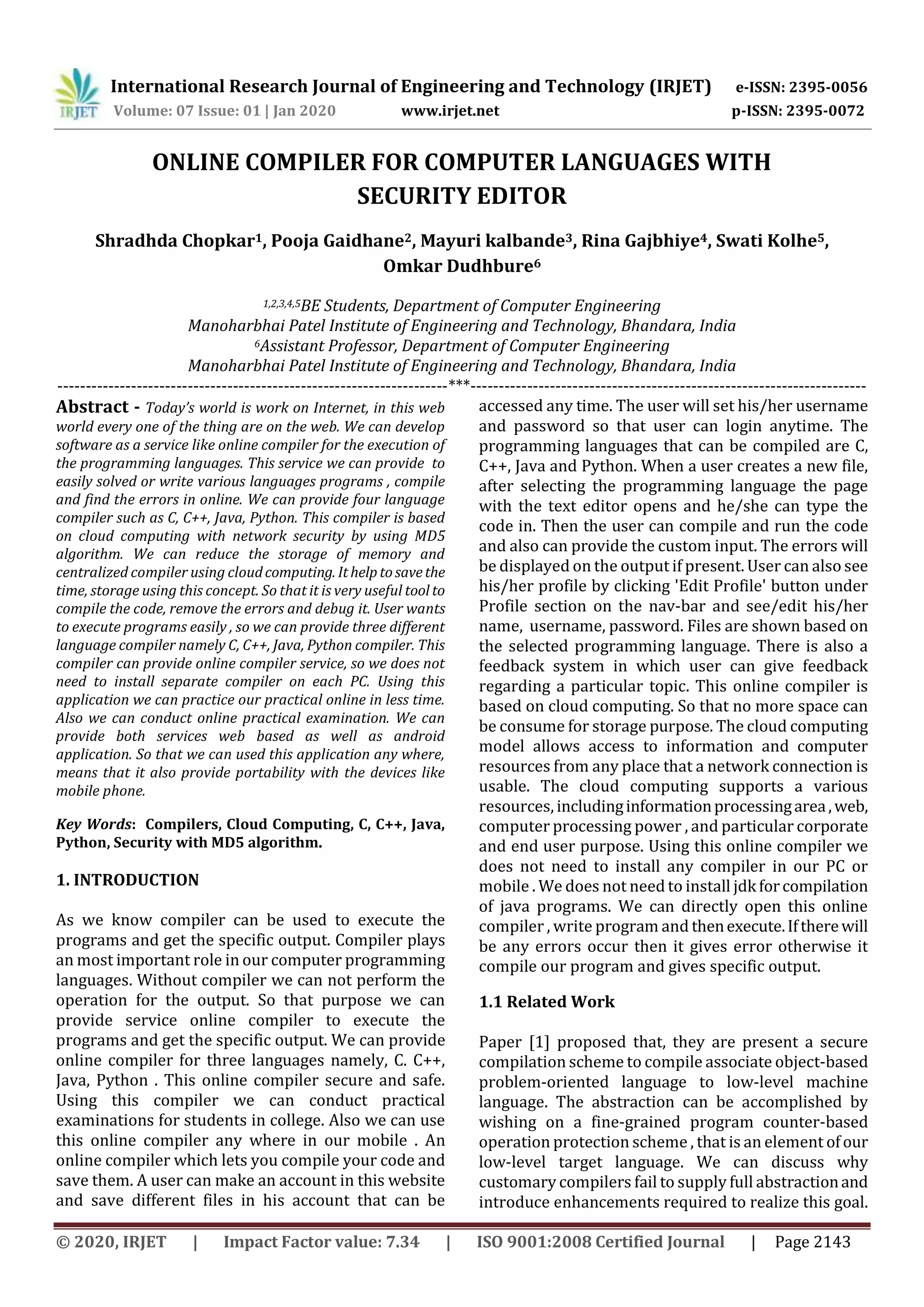 IRJET- Online Compiler for Computer Languages with Security Editor | PDF