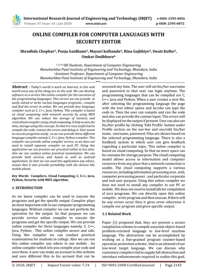 IRJET- Online Compiler for Computer Languages with Security Editor | PDF