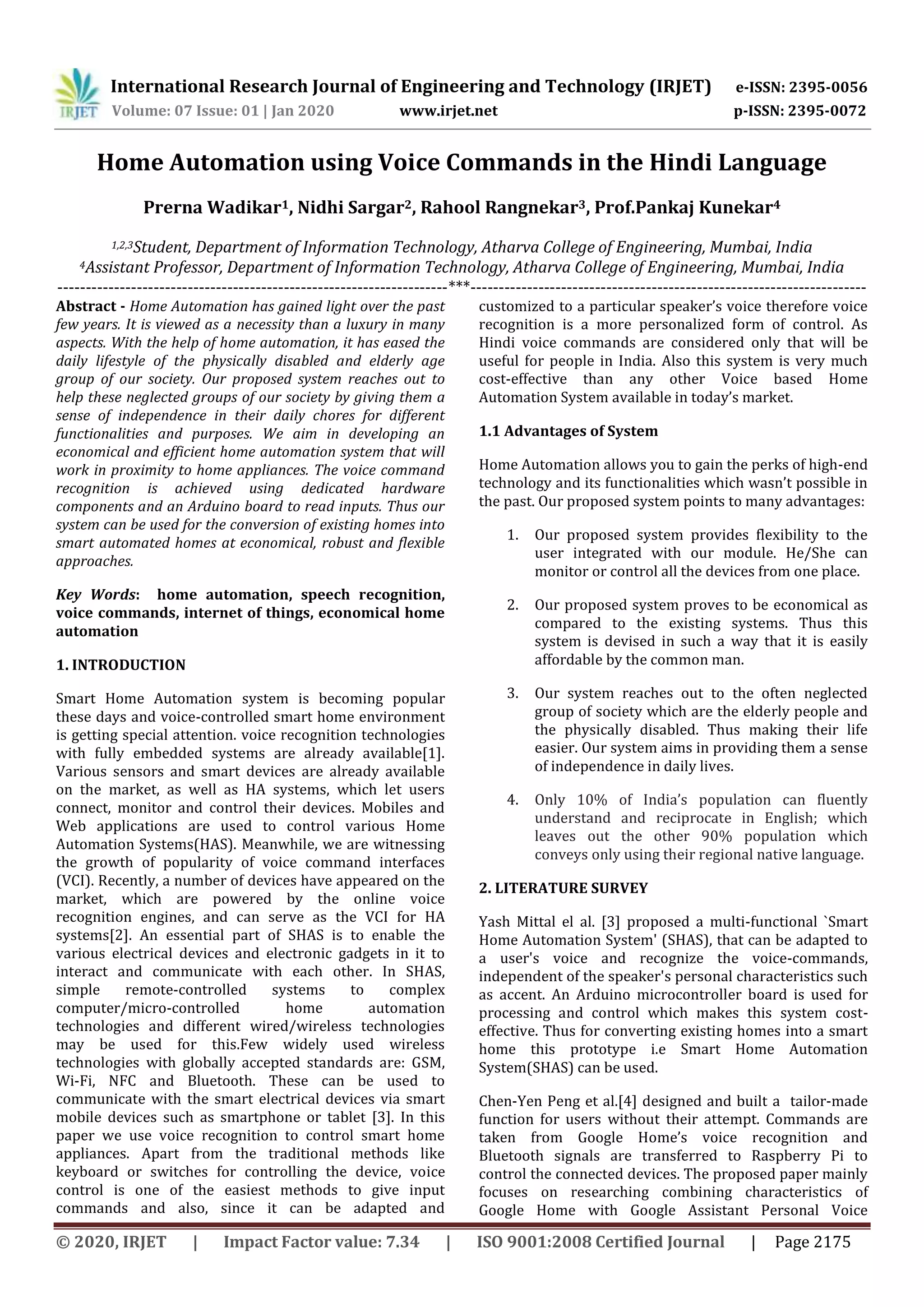 IRJET- Home Automation using Voice Commands in the Hindi Language | PDF