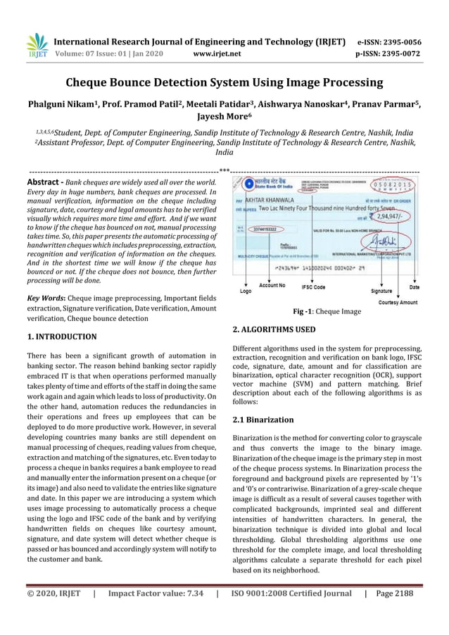 IRJET- Cheque Bounce Detection System using Image Processing | PDF