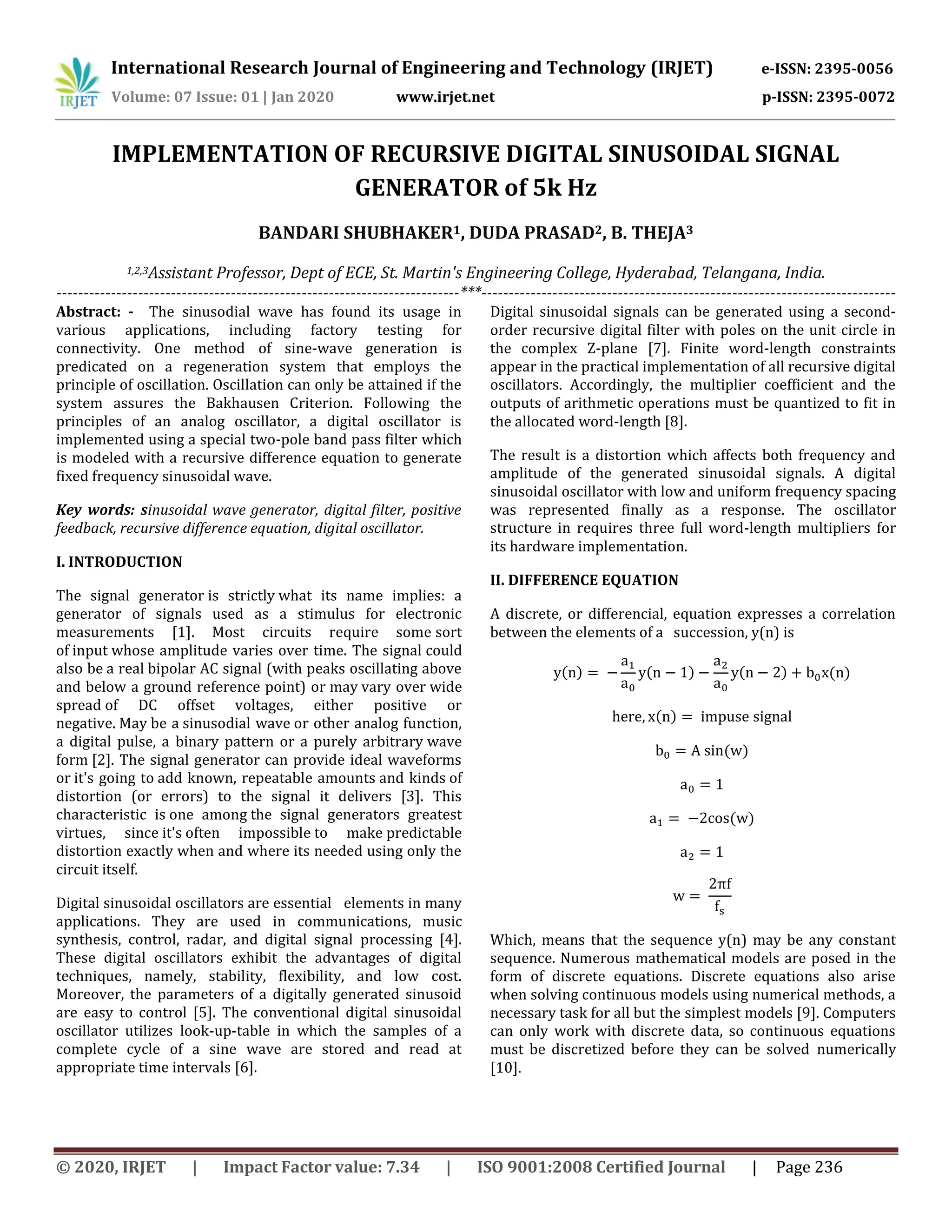 IRJET- Implementation of Recursive Digital Sinusoidal Signal Generator of 5k Hz | PDF