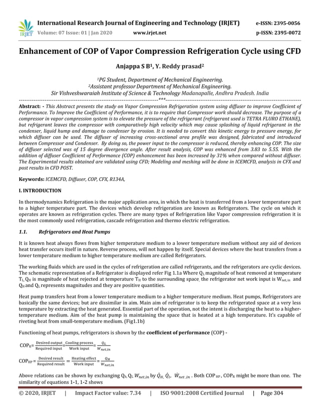 IRJET- Enhancement of COP of Vapor Compression Refrigeration Cycle ...