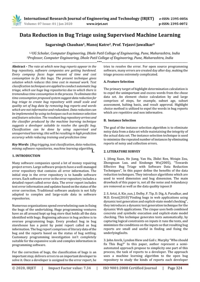 IRJET- Data Reduction in Bug Triage using Supervised Machine Learning | PDF