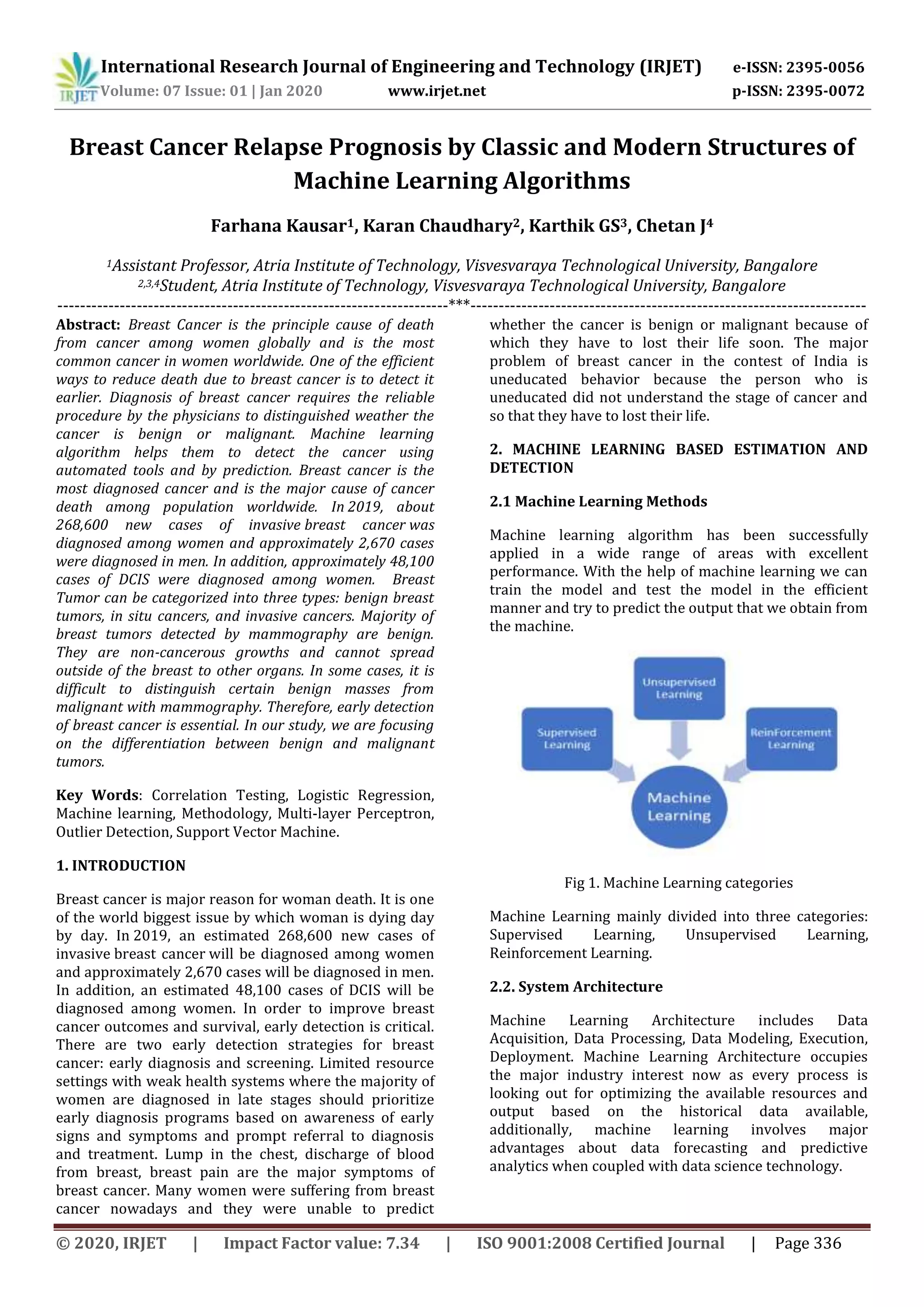 IRJET- Breast Cancer Relapse Prognosis by Classic and Modern Structures of Machine Learning ...