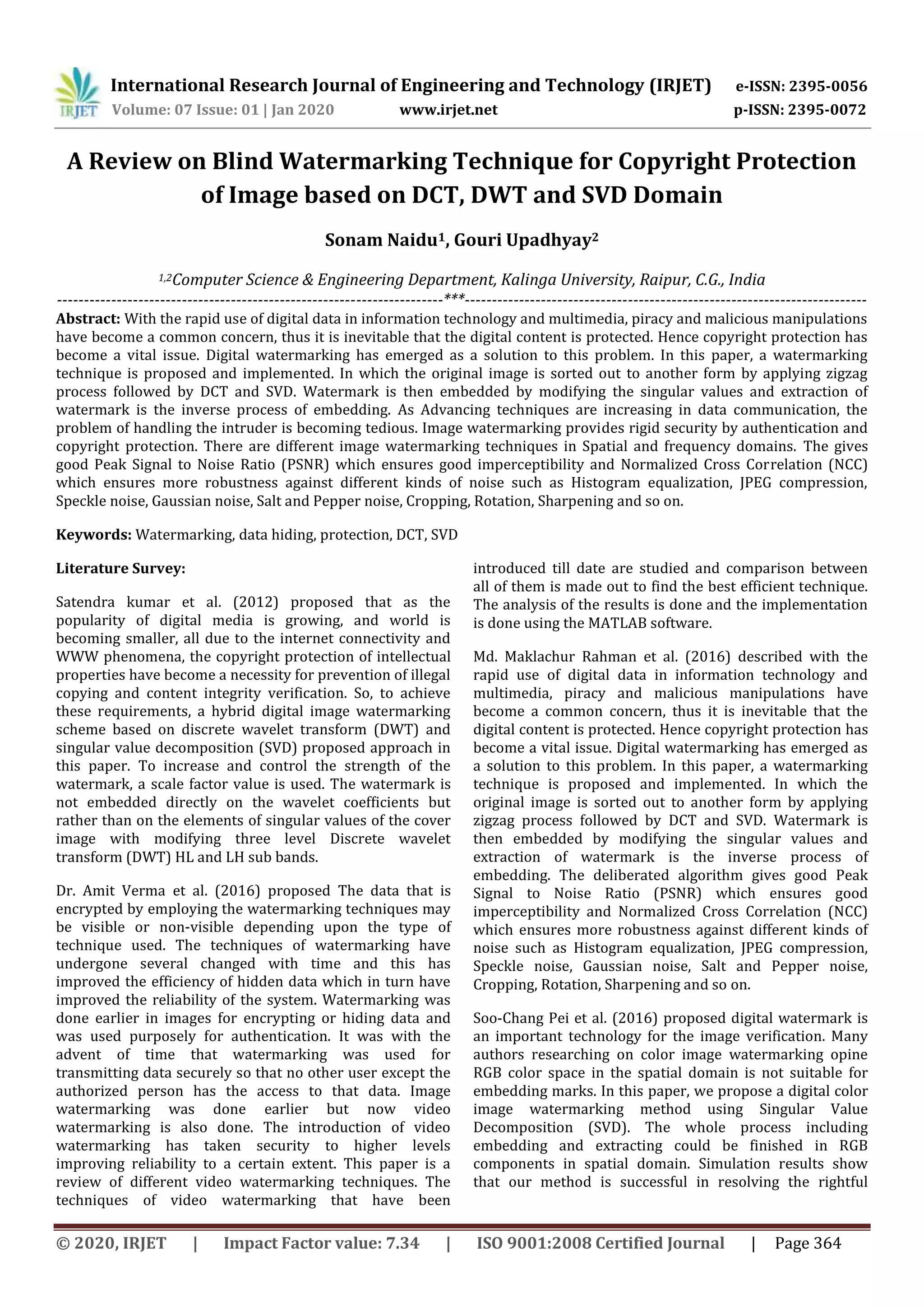 IRJET- A Review on Blind Watermarking Technique for Copyright Protection of Image based on DCT ...