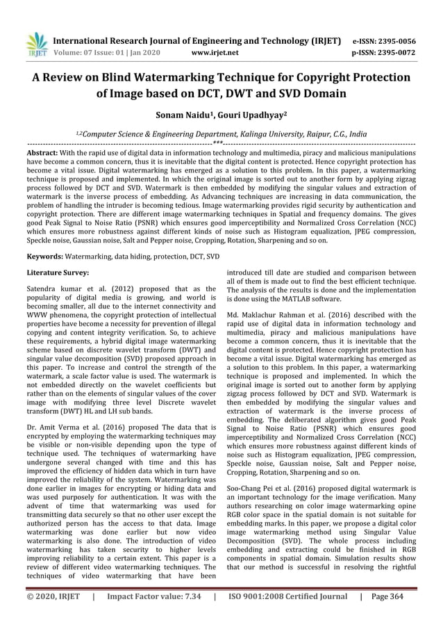 IRJET- A Review on Blind Watermarking Technique for Copyright ...