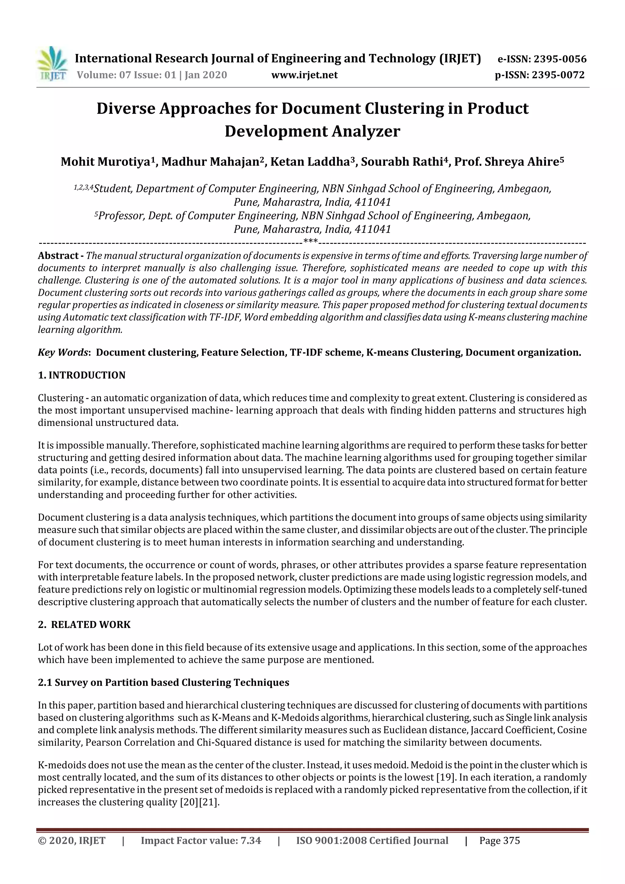 Irjet Diverse Approaches For Document Clustering In Product Development Analyzer Pdf 7862