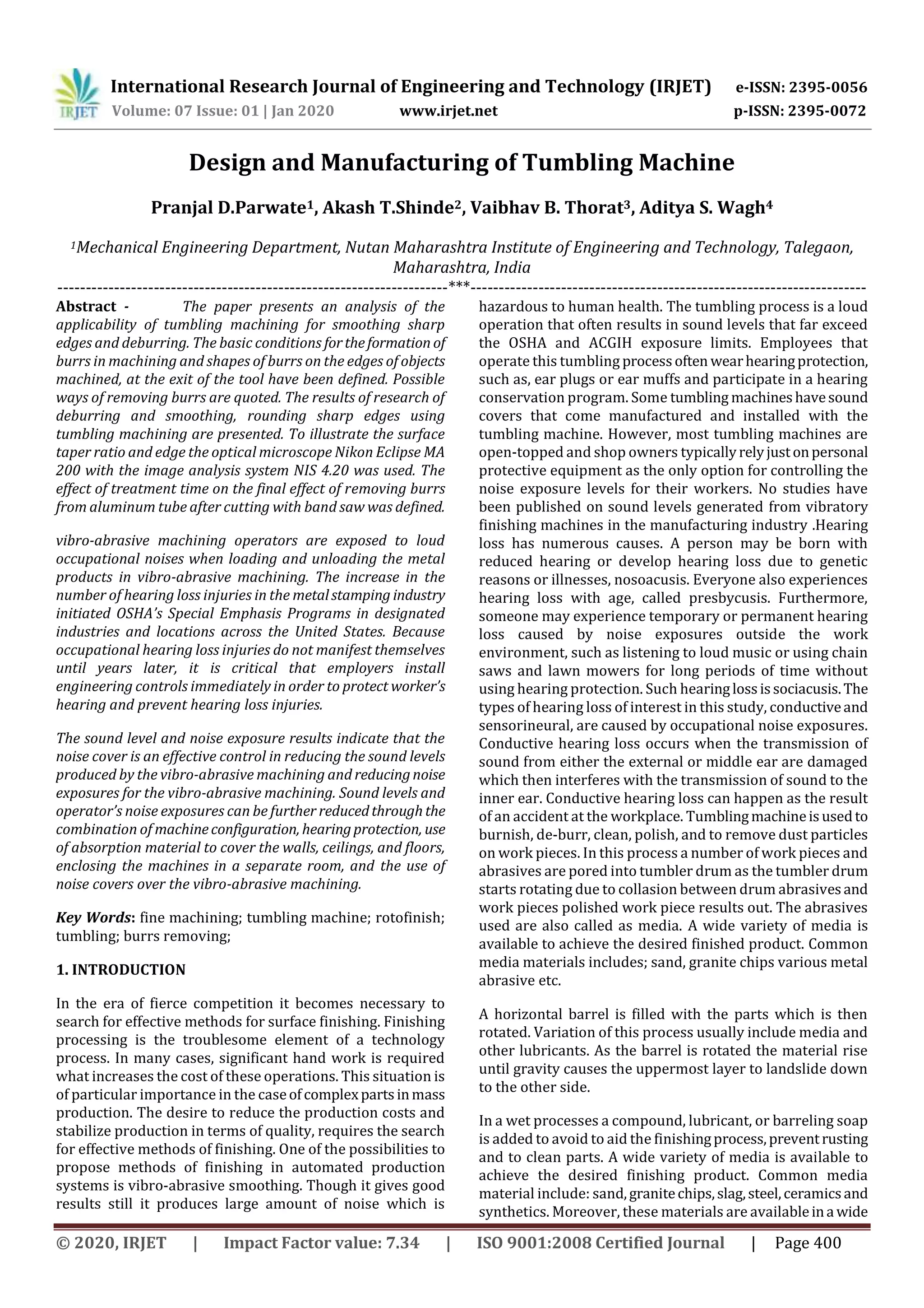 IRJET- Design and Manufacturing of Tumbling Machine | PDF
