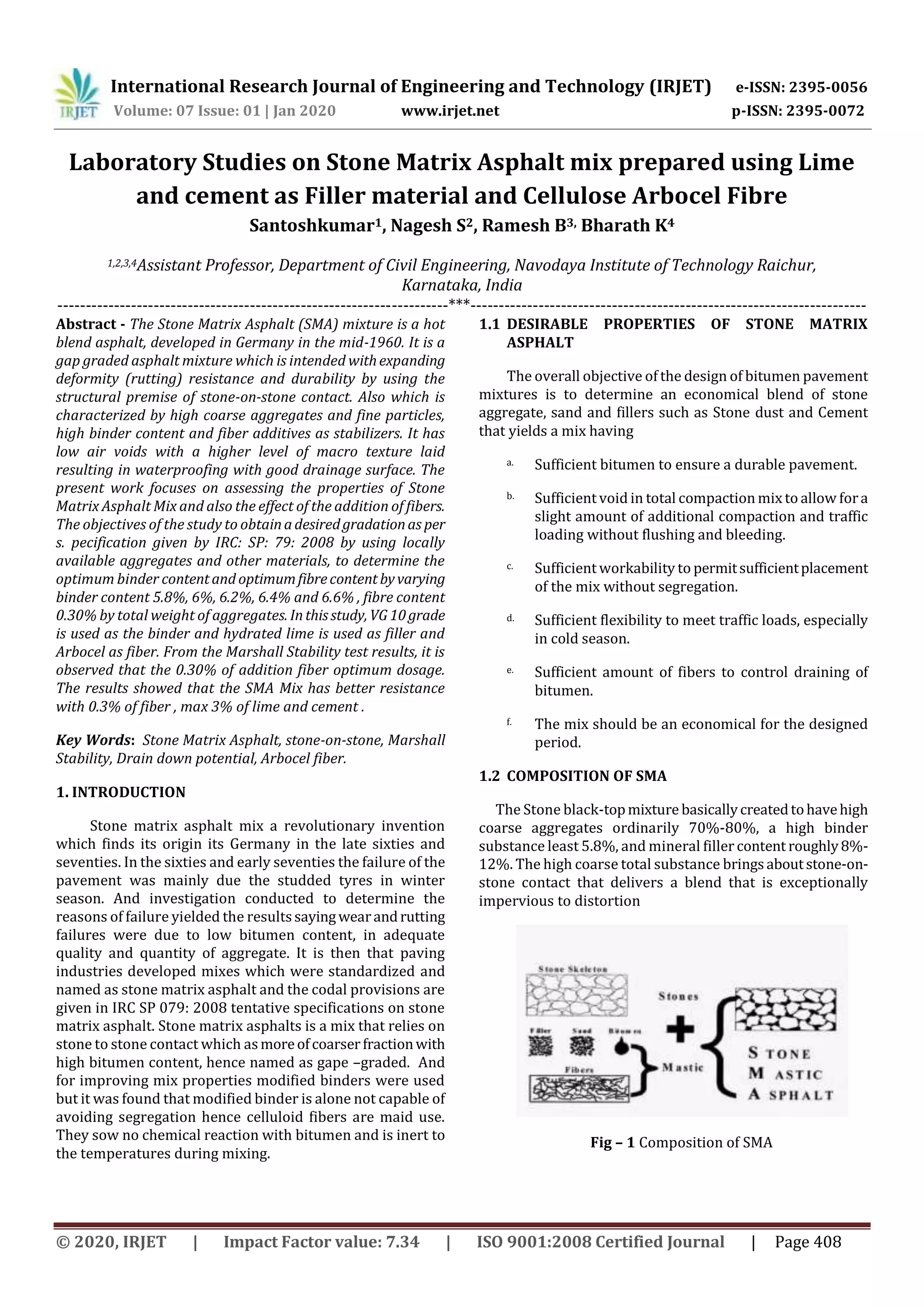 IRJET- Laboratory Studies on Stone Matrix Asphalt Mix Prepared using ...