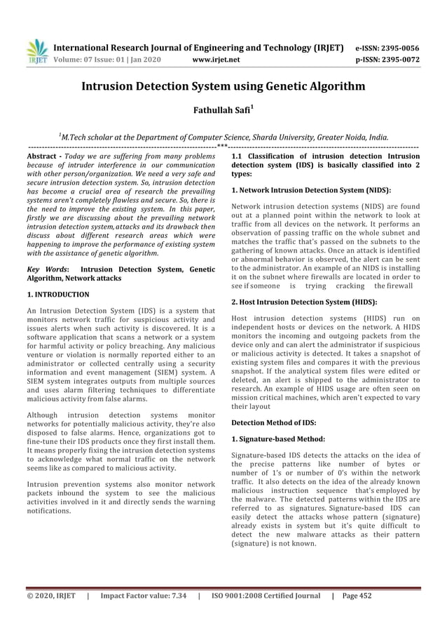 IRJET- Intrusion Detection System using Genetic Algorithm | PDF