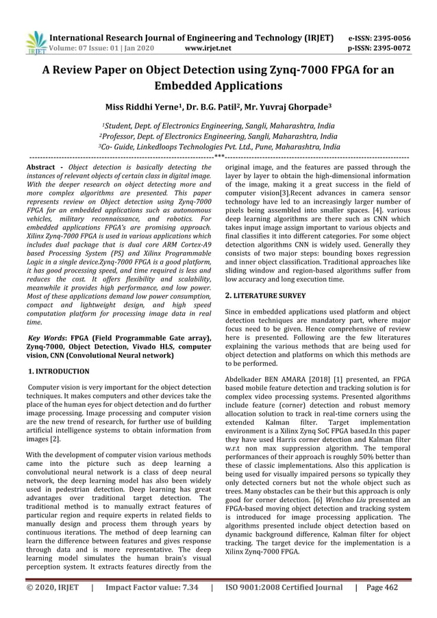 Irjet A Review Paper On Object Detection Using Zynq 7000 Fpga For An