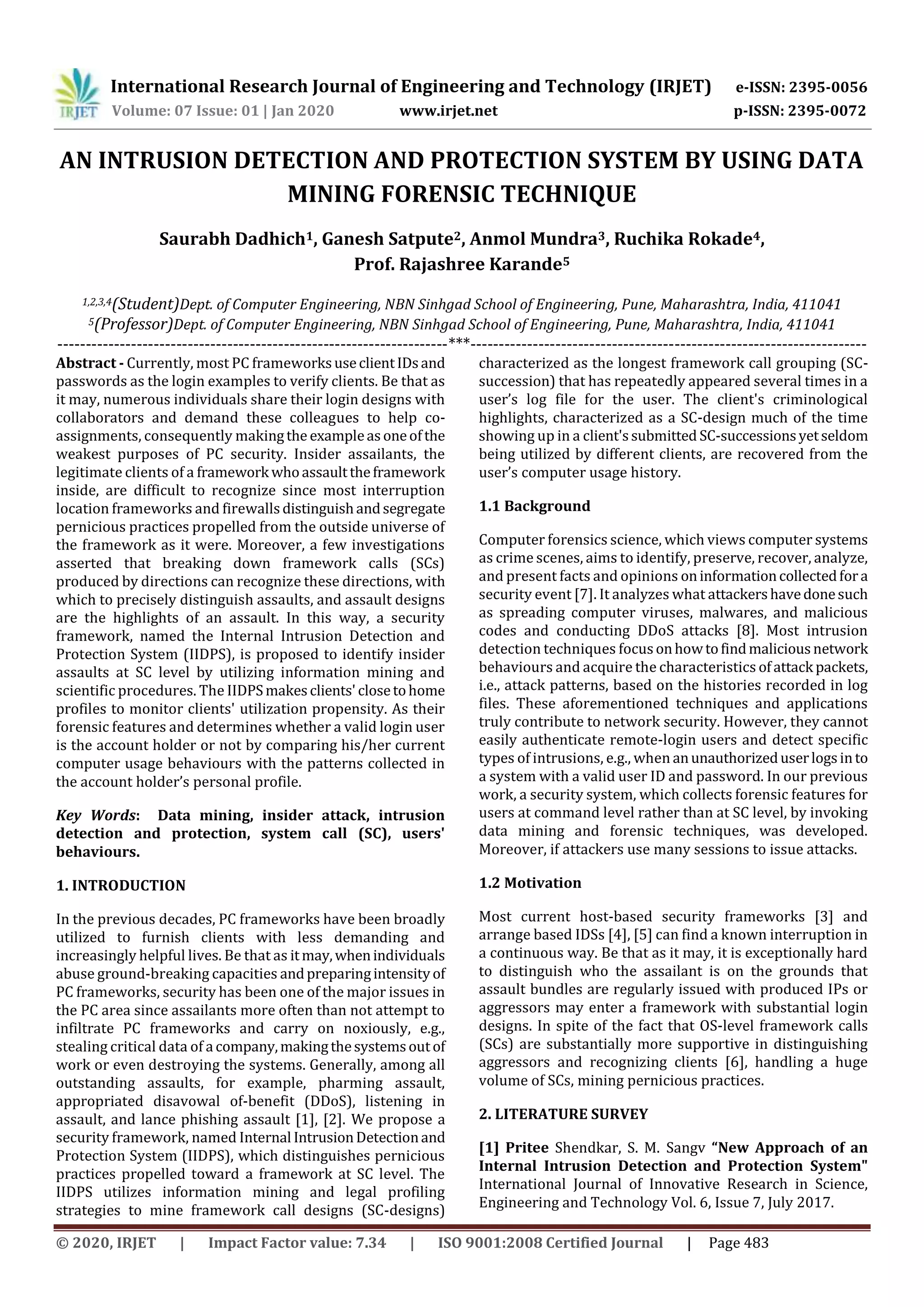 Irjet An Intrusion Detection And Protection System By Using Data Mining Forensic Technique Pdf