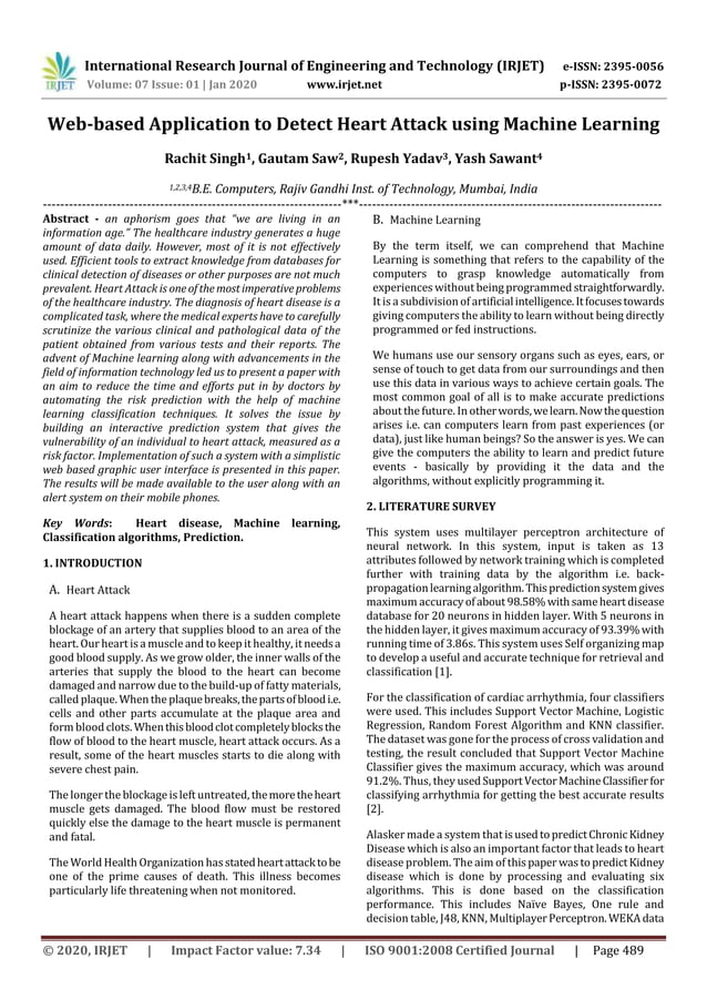 IRJET- Web-based Application to Detect Heart Attack using Machine Learning | PDF