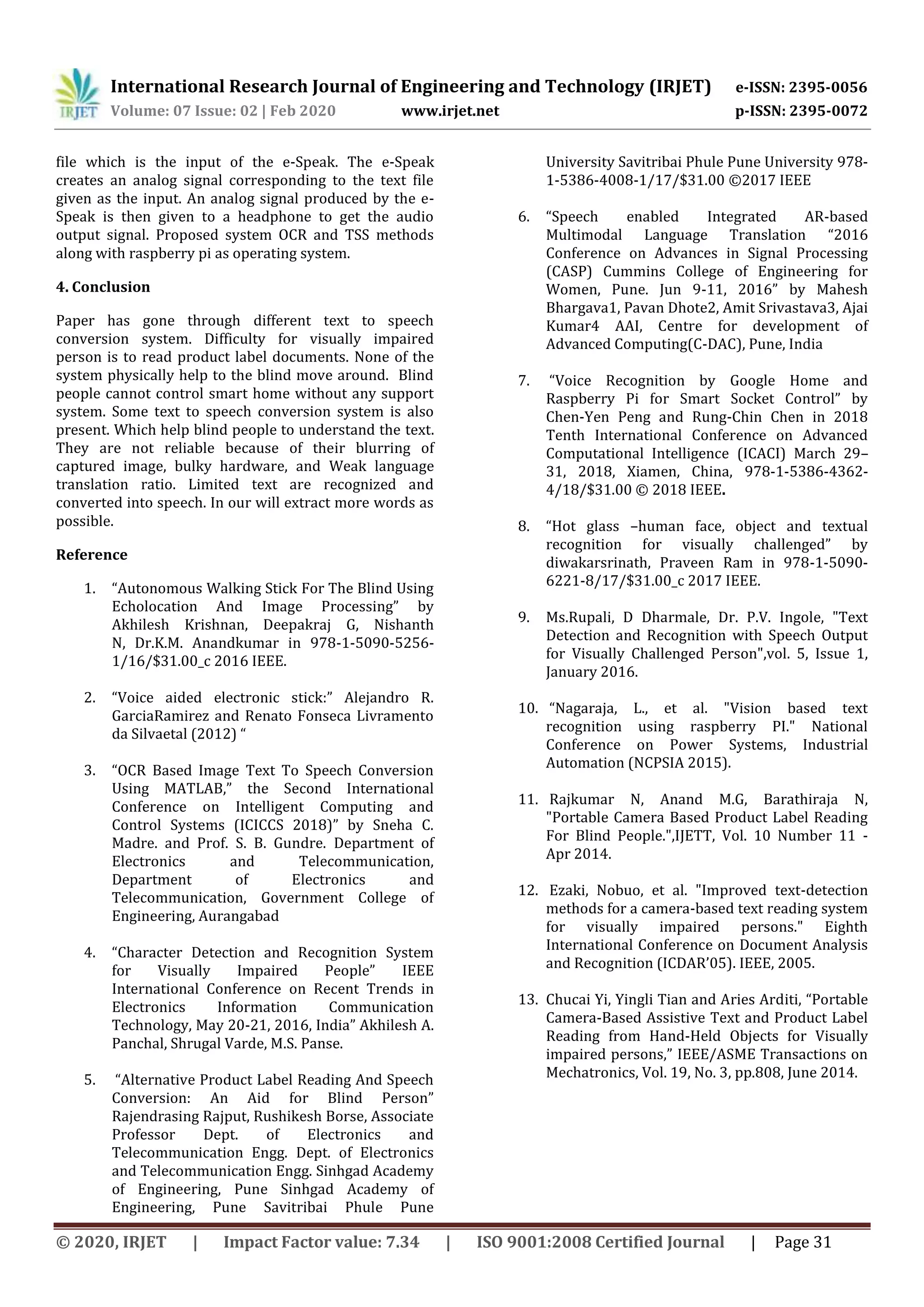 IRJET- Text Reading for Visually Impaired Person using Raspberry Pi | PDF