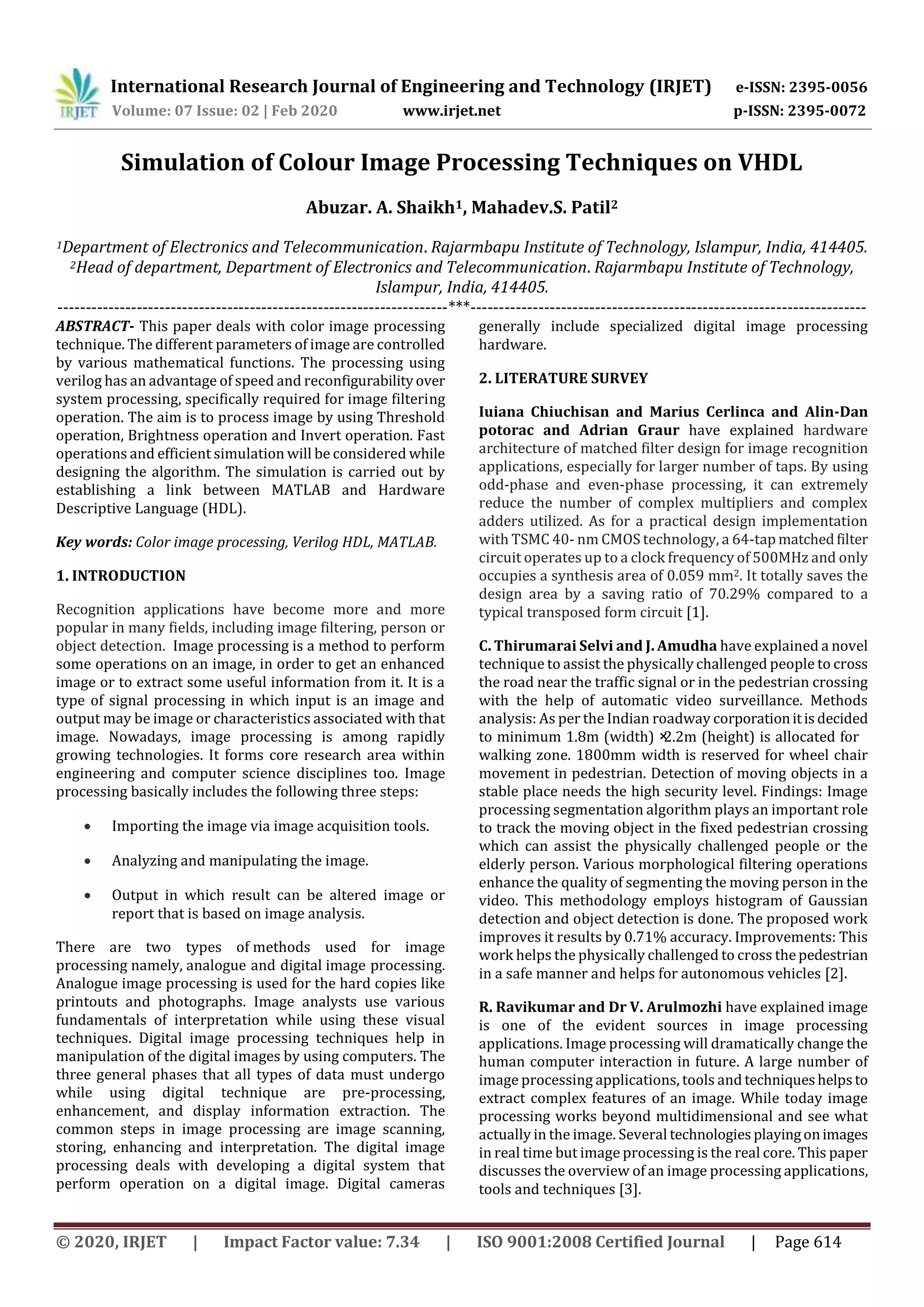 IRJET - Simulation of Colour Image Processing Techniques on VHDL | PDF