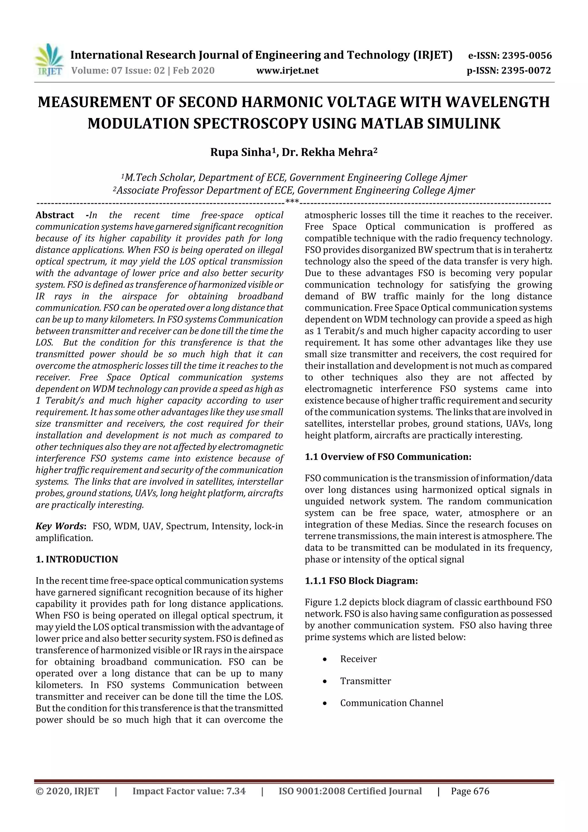 IRJET- Measurement of Second Harmonic Voltage with Wavelength Modulation Spectroscopy using ...
