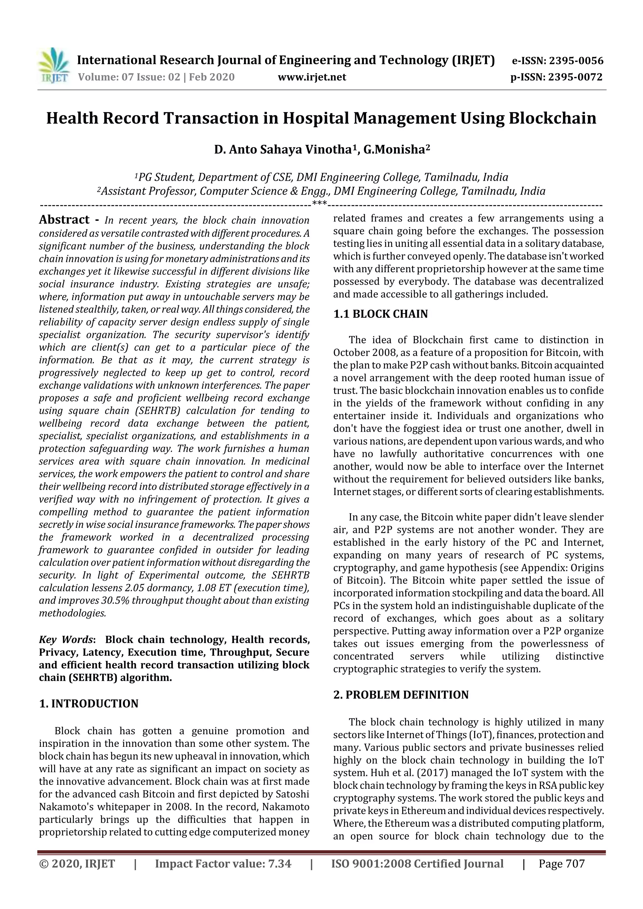 Irjet Health Record Transaction In Hospital Management Using Blockchain Pdf