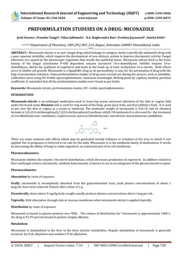 IRJET - Preformulation Studuies on a Drug: Miconazole | PDF
