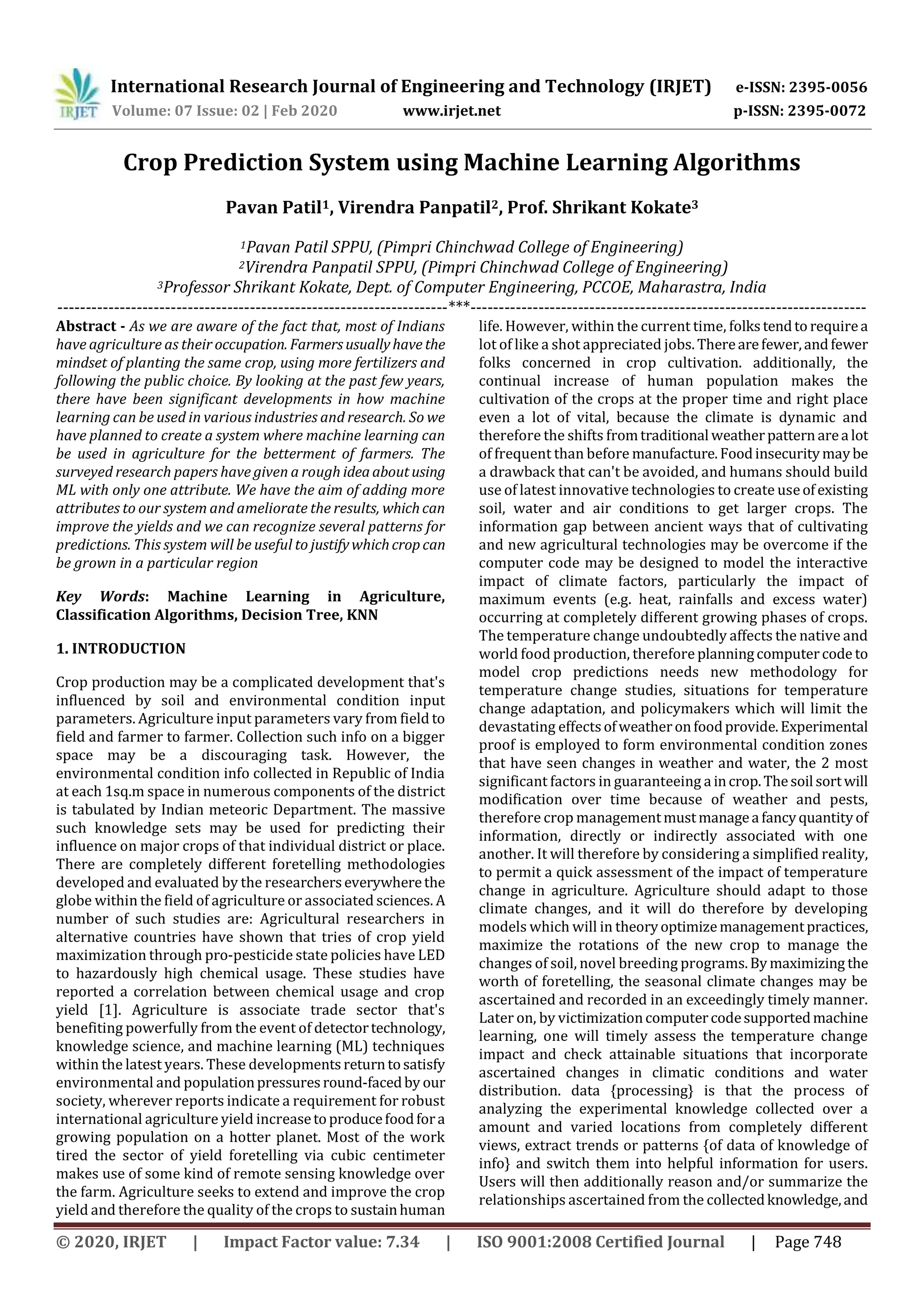 Irjet Crop Prediction System Using Machine Learning Algorithms Pdf