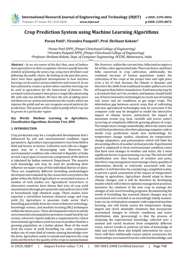 IRJET- Crop Prediction System using Machine Learning Algorithms | PDF