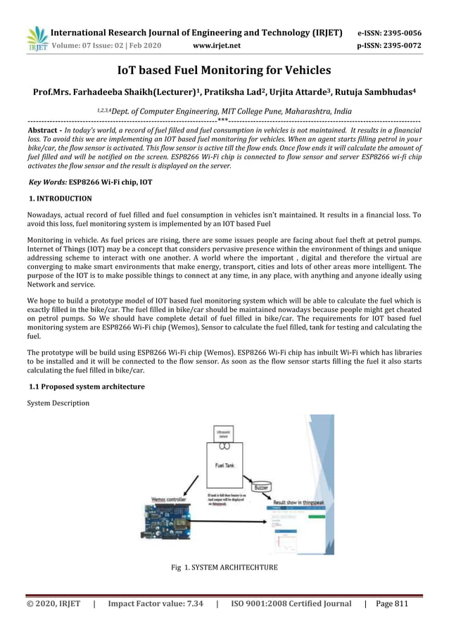 IRJET- IoT based Fuel Monitoring for Vehicles | PDF