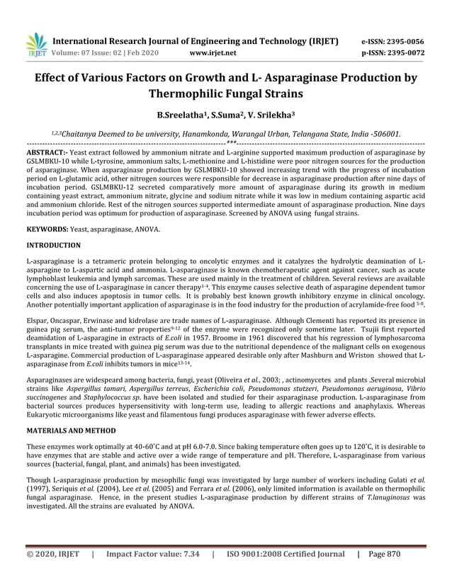 IRJET- Effect of Various Factors on Growth and L- Asparaginase Production by Thermophilic Fungal ...