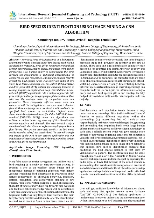 Irjet Bird Species Identification Using Image Mining And Cnn Algorithm Pdf