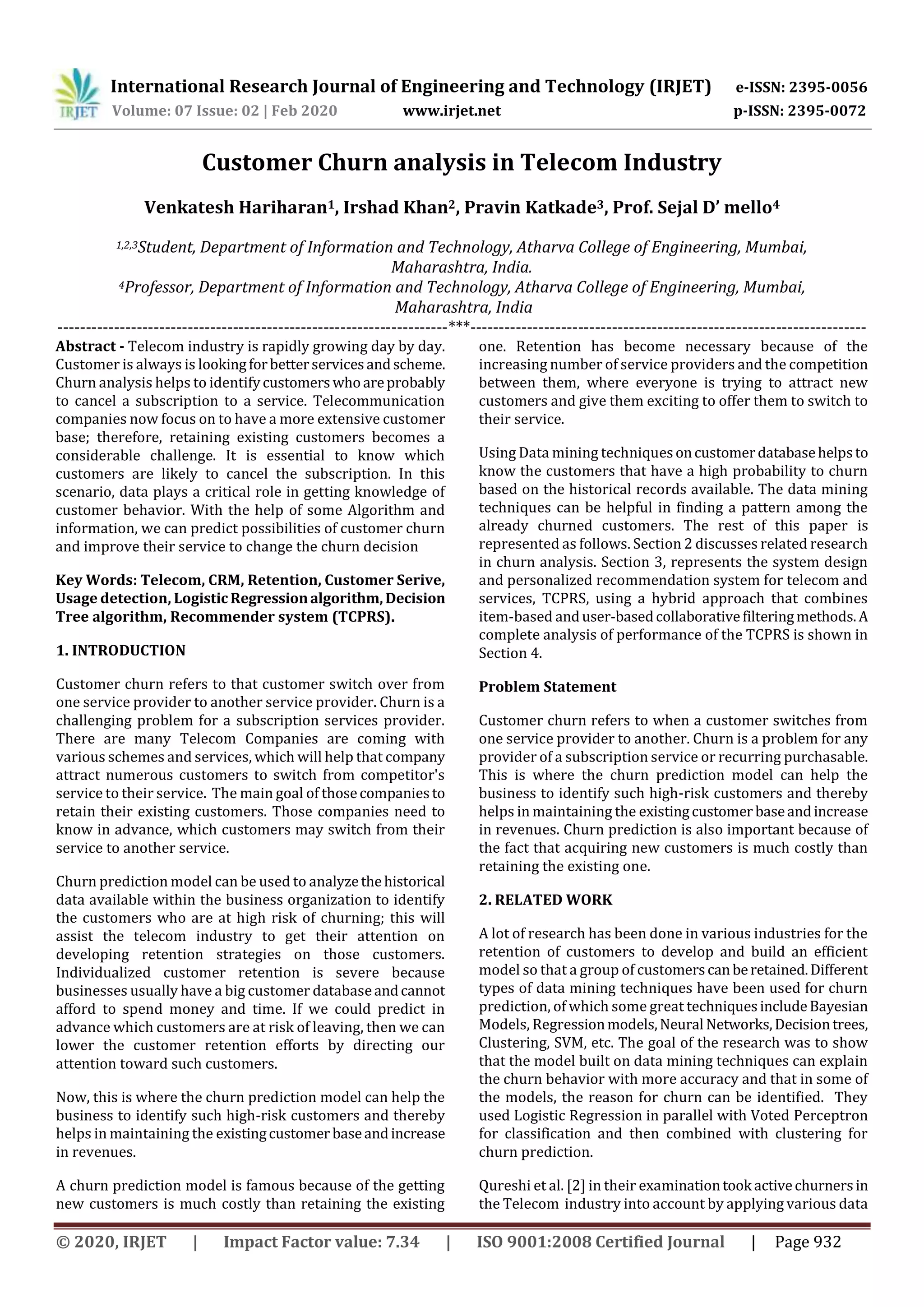 IRJET - Customer Churn Analysis in Telecom Industry | PDF