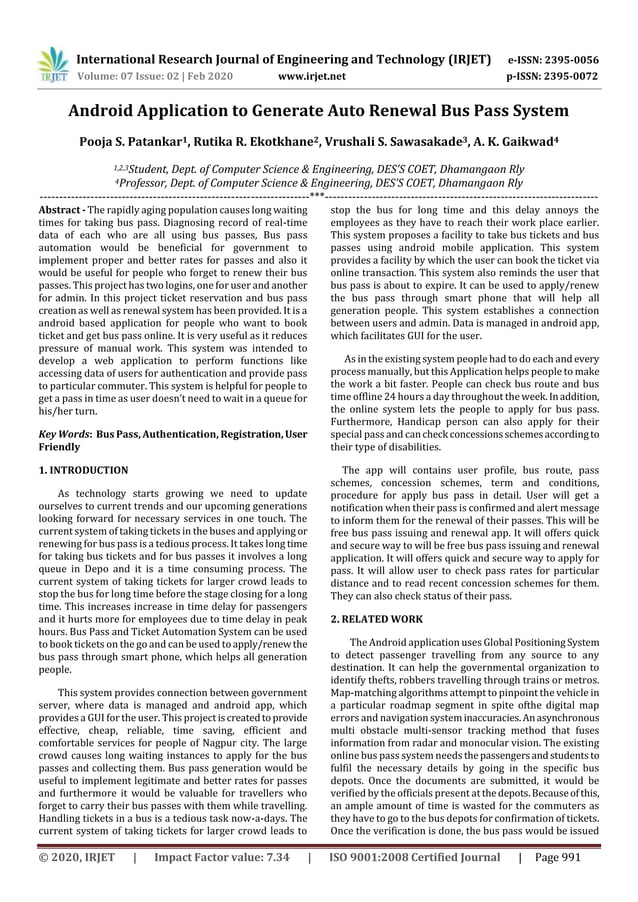 IRJET - Android Application to Generate Auto Renewal Bus Pass System | PDF | Computer Software ...