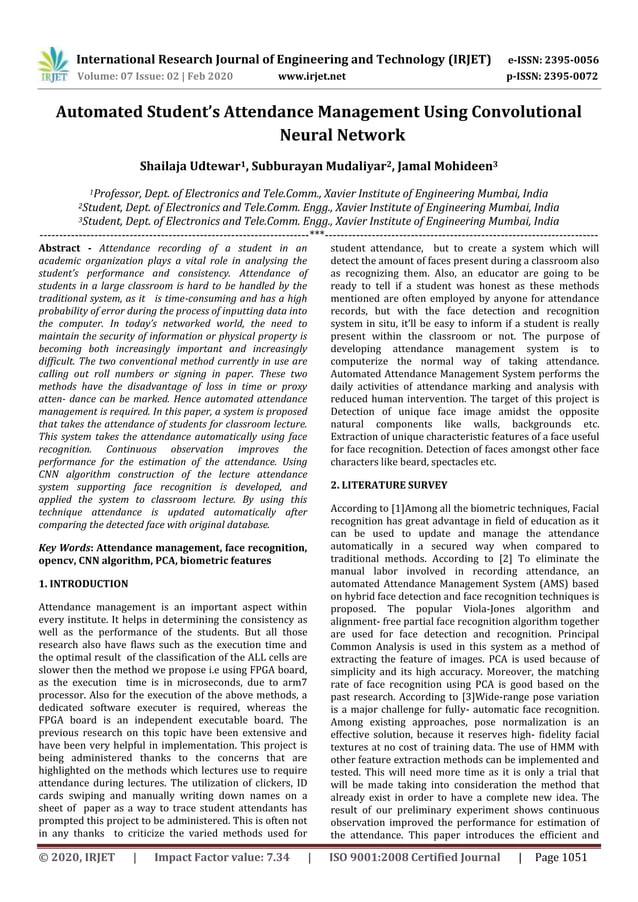 IRJET- Automated Student’s Attendance Management using Convolutional Neural Network | PDF