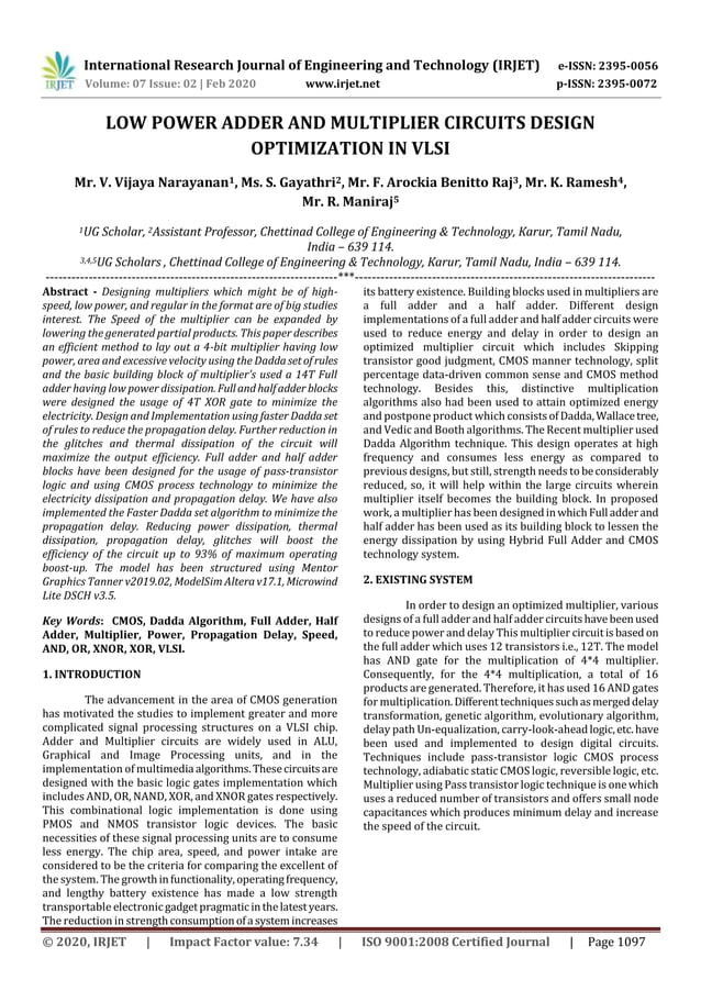 IRJET- Low Power Adder and Multiplier Circuits Design Optimization in VLSI | PDF