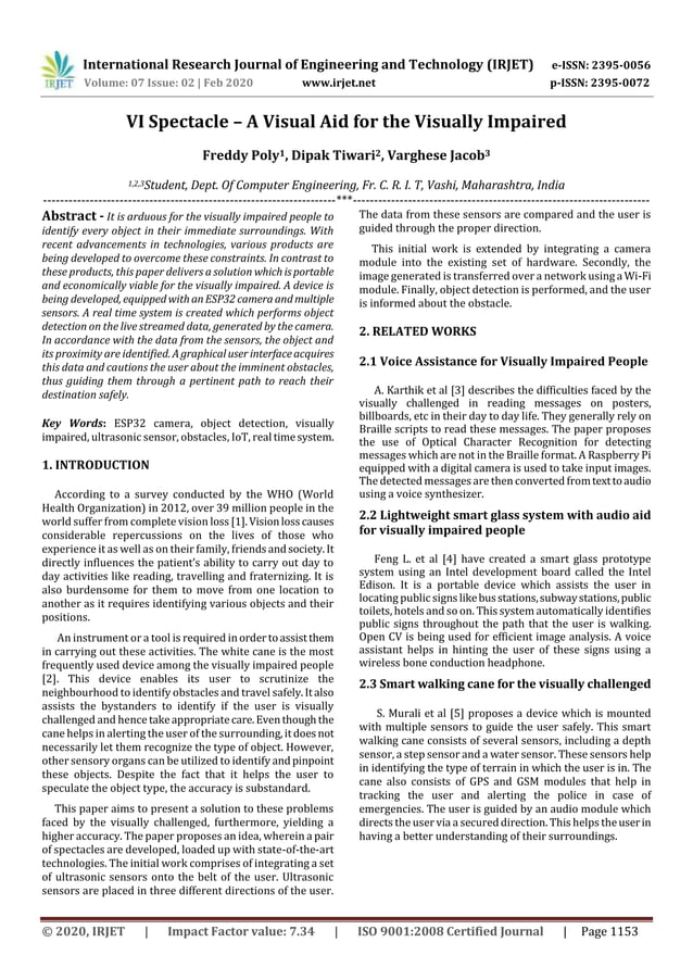 IRJET- VI Spectacle – A Visual Aid for the Visually Impaired | PDF