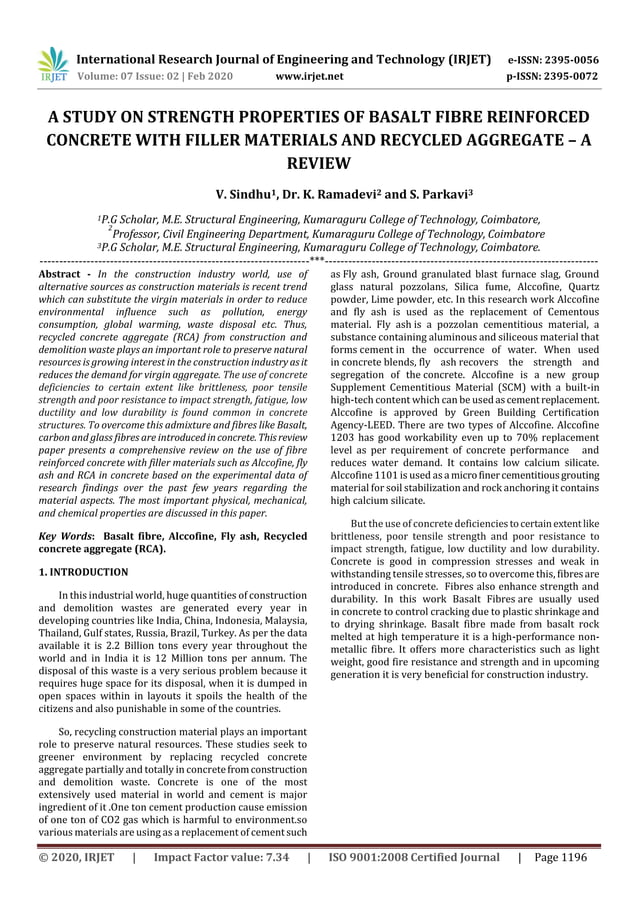 IRJET- A Study on Strength Properties of Basalt Fibre Reinforced Concrete with Filler Materials ...