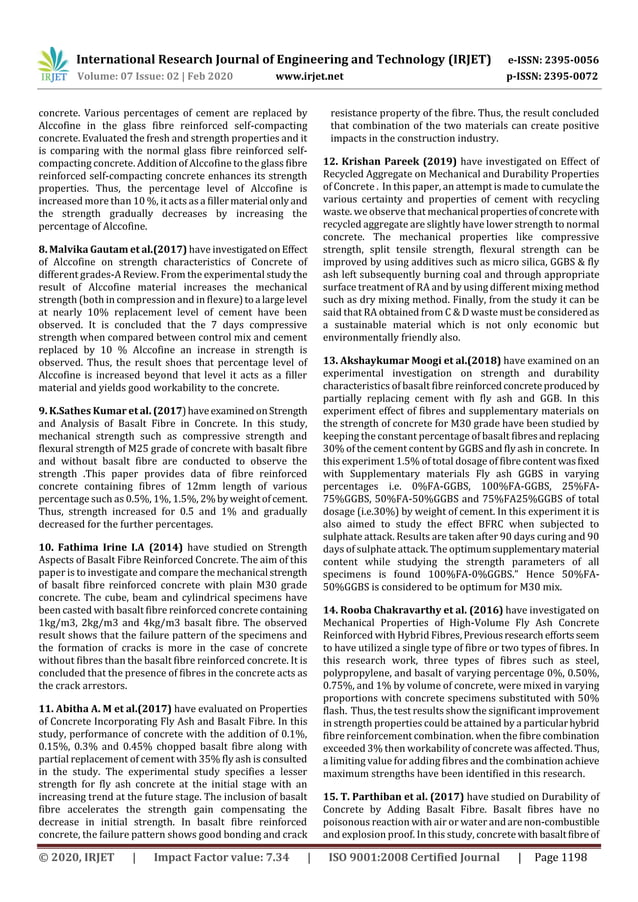 IRJET- A Study on Strength Properties of Basalt Fibre Reinforced Concrete with Filler Materials ...