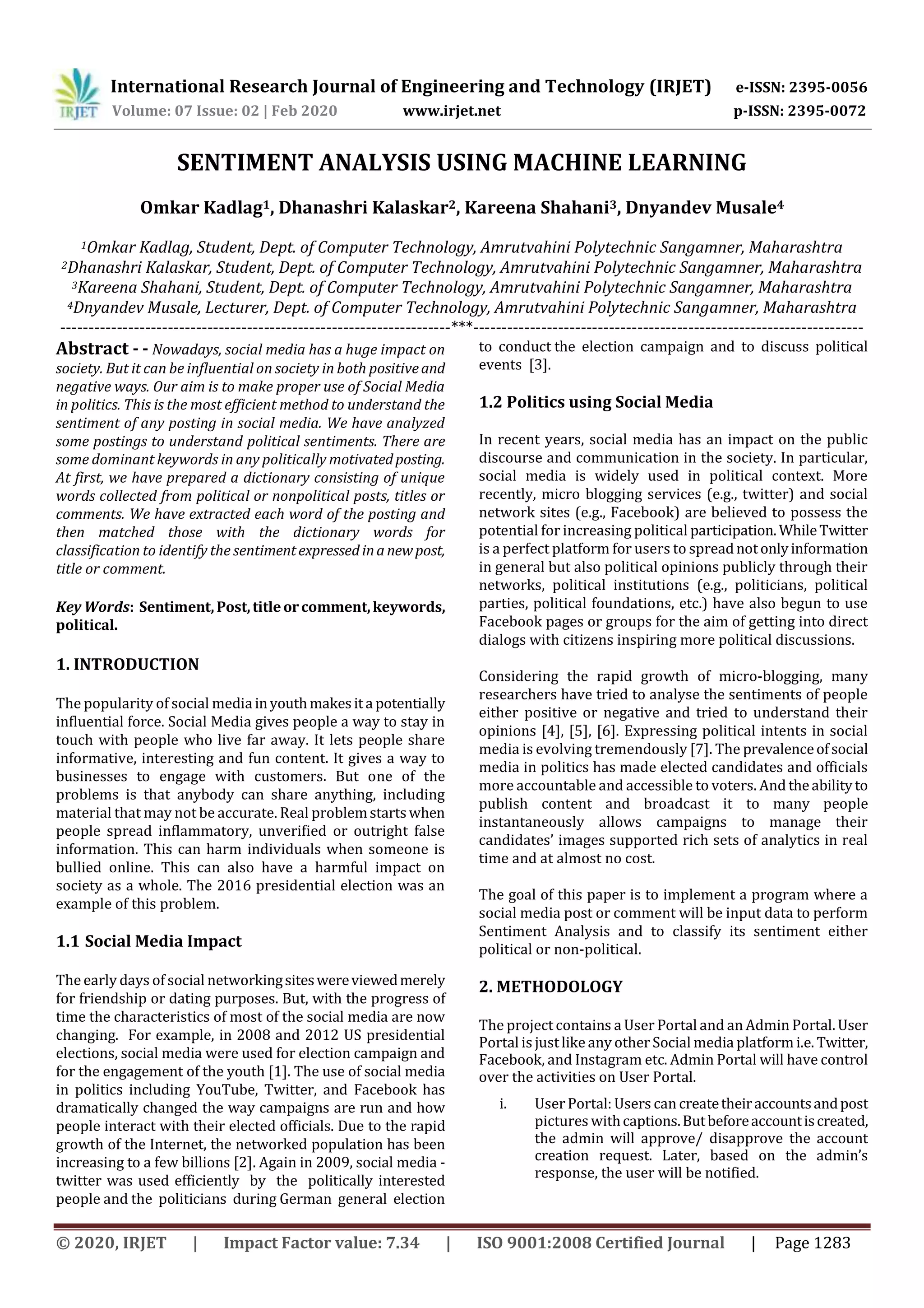 IRJET- Sentiment Analysis using Machine Learning | PDF