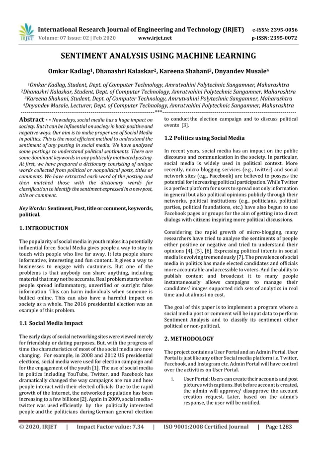 IRJET- Sentiment Analysis using Machine Learning | PDF