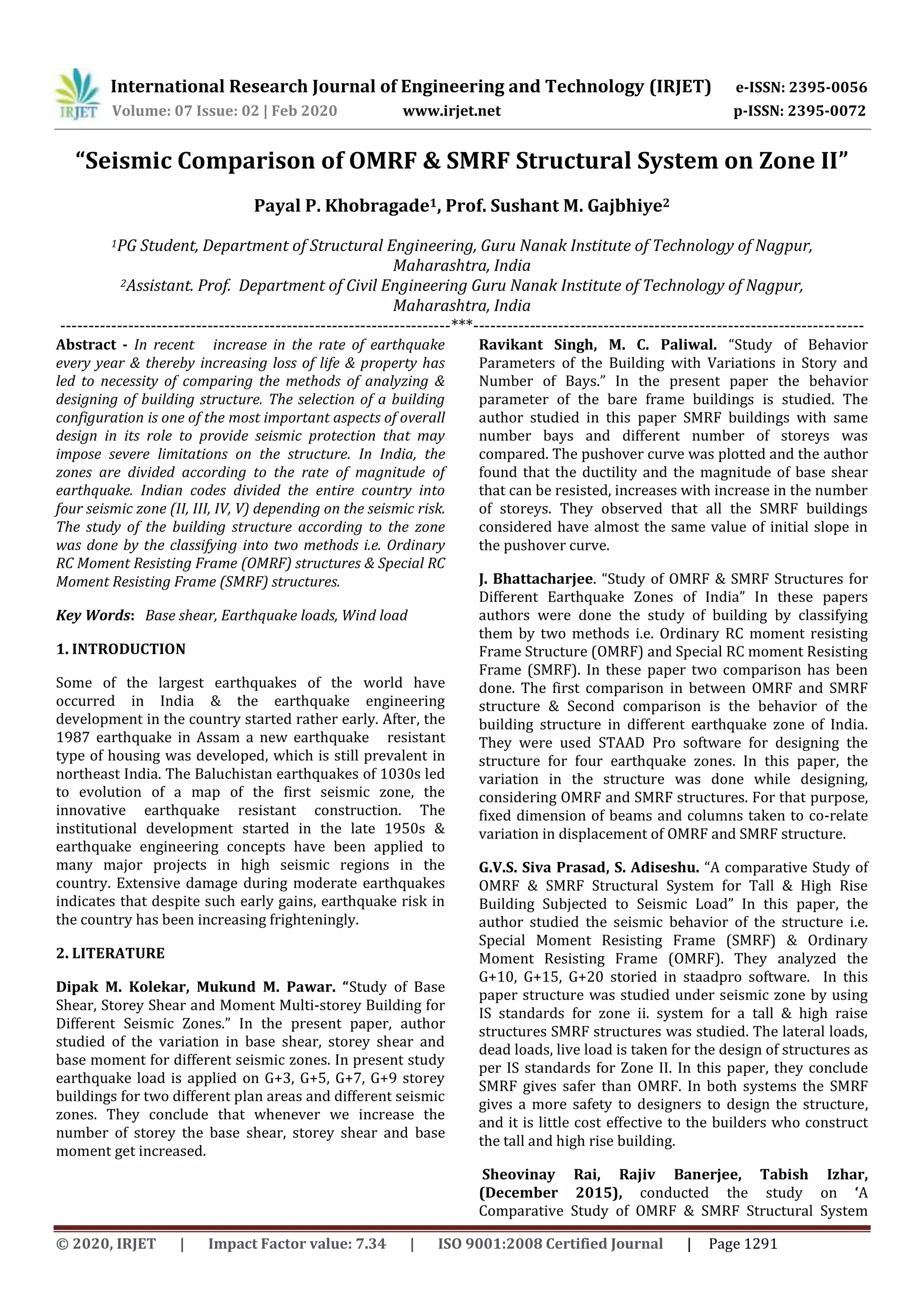 IRJET - Seismic Comparison of OMRF & SMRF Structural System on Zone II | PDF