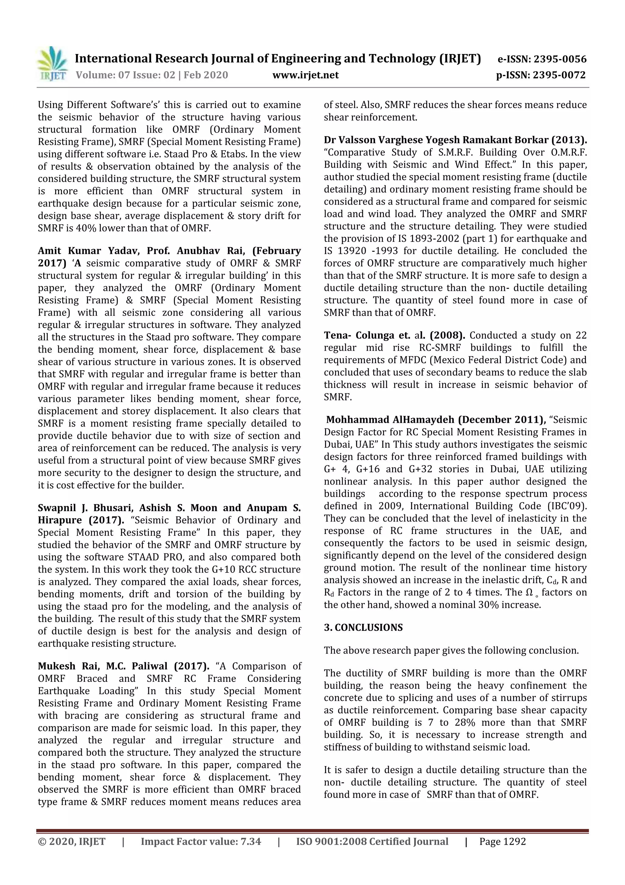 IRJET - Seismic Comparison of OMRF & SMRF Structural System on Zone II | PDF