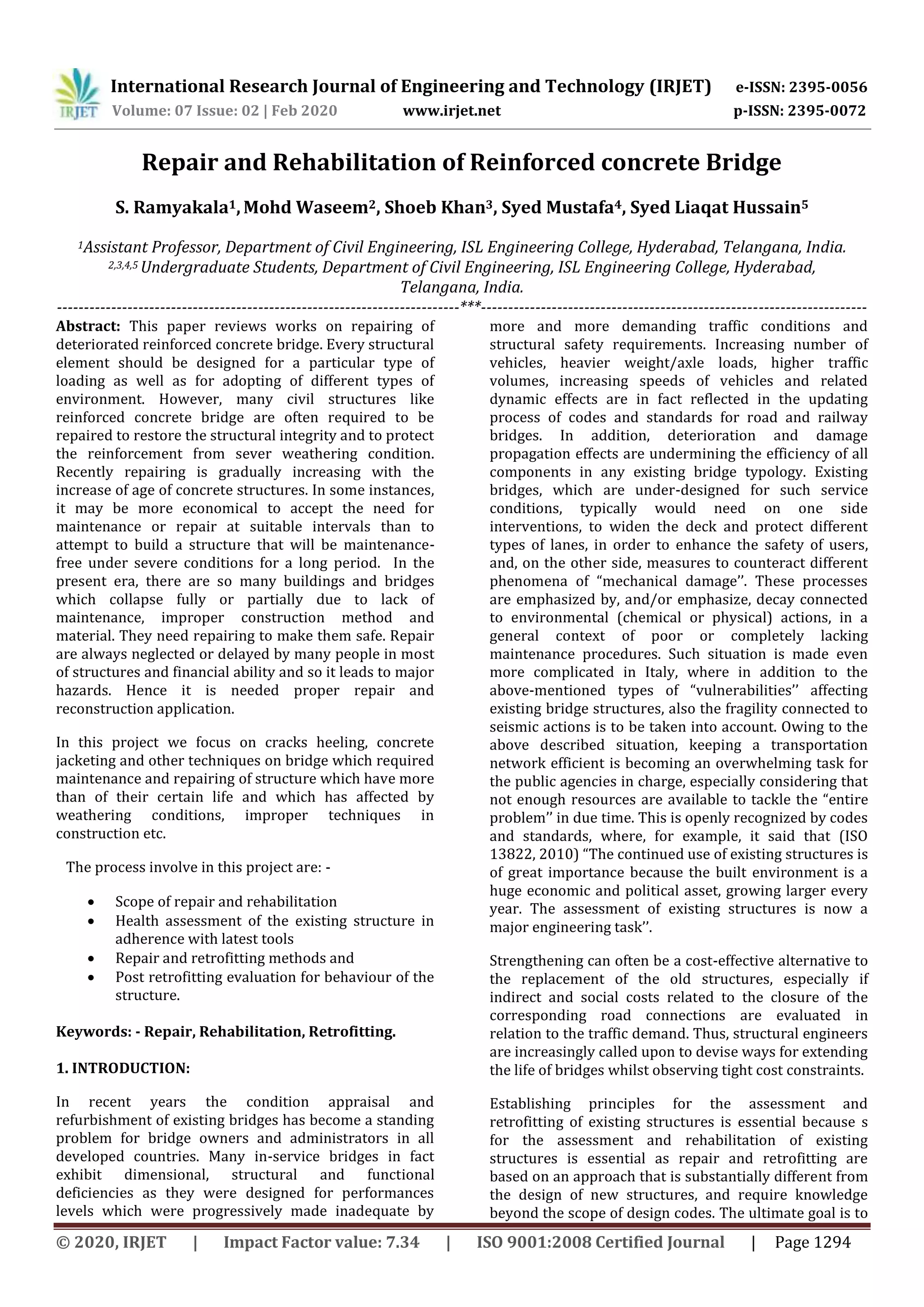 IRJET - Repair and Rehabilitation of Reinforced Concrete Bridge | PDF