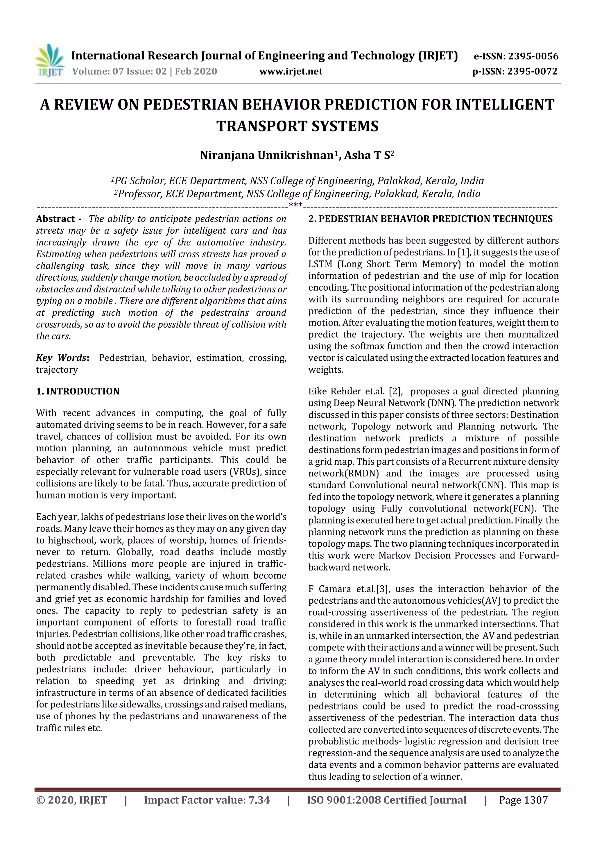 IRJET - A Review on Pedestrian Behavior Prediction for Intelligent Transport Systems | PDF