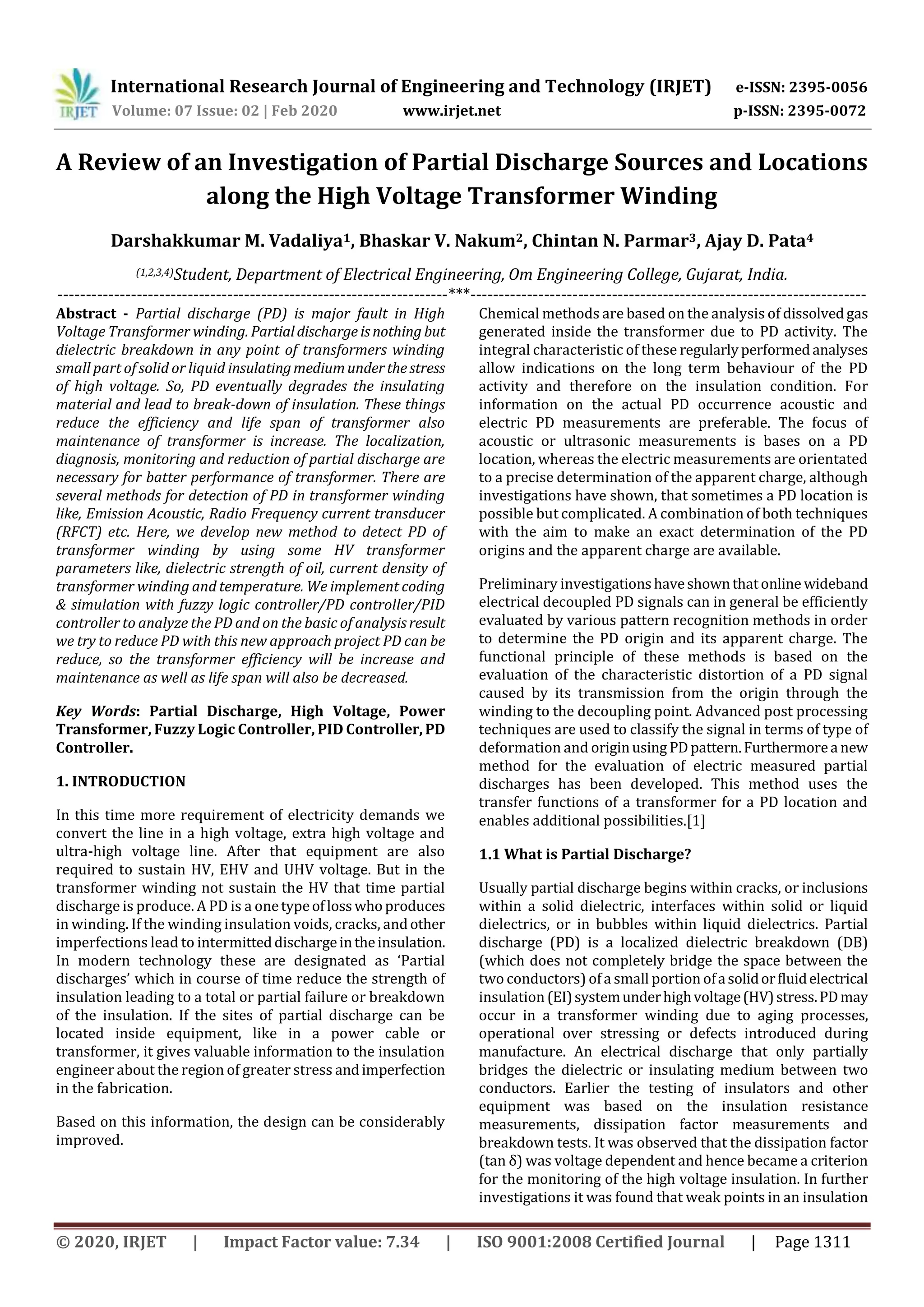 IRJET - A Review of an Investigation of Partial Discharge Sources and Locations along the High ...